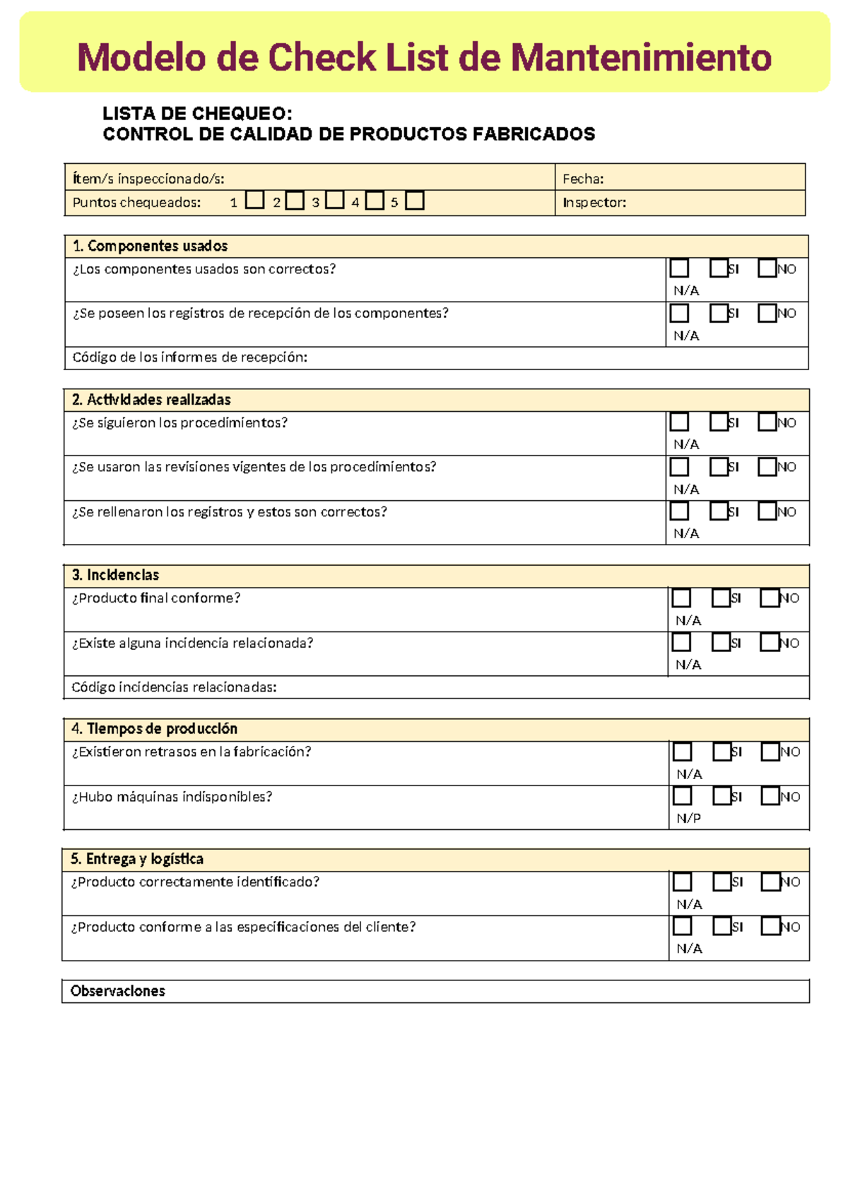 Modelo Check List de Mantenimiento 1 - LISTA DE CHEQUEO: CONTROL DE ...