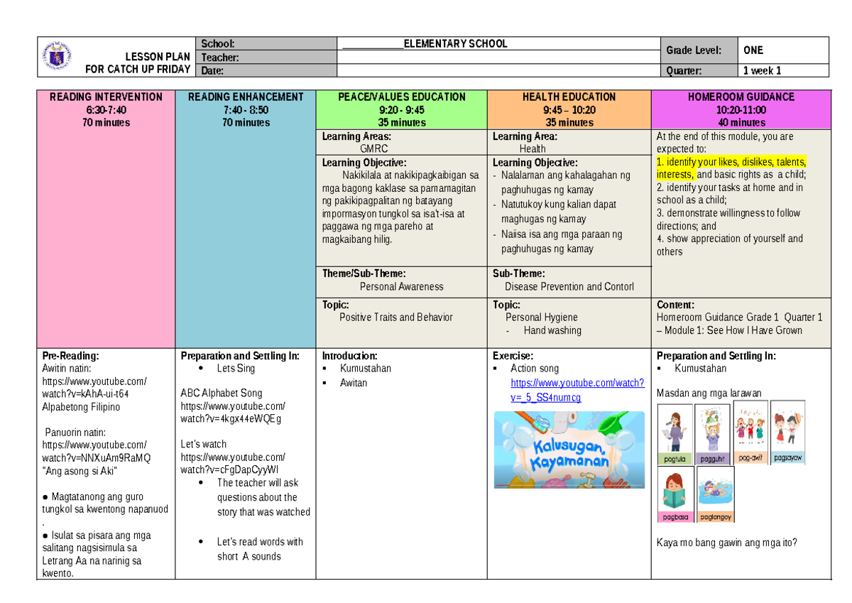 Q1 Catch-UP- Friday-WEEK-1 - LESSON PLAN FOR CATCH UP FRIDAY School ...