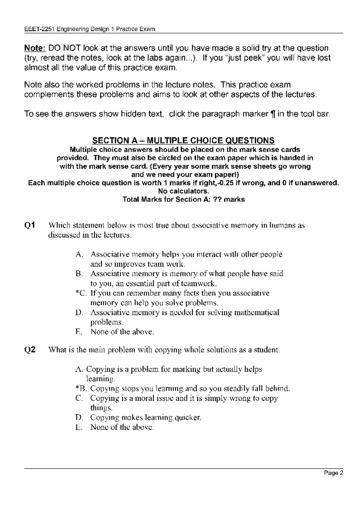 Exam 2017, questions and answers - Engineering Design 1 Practice Exam ...