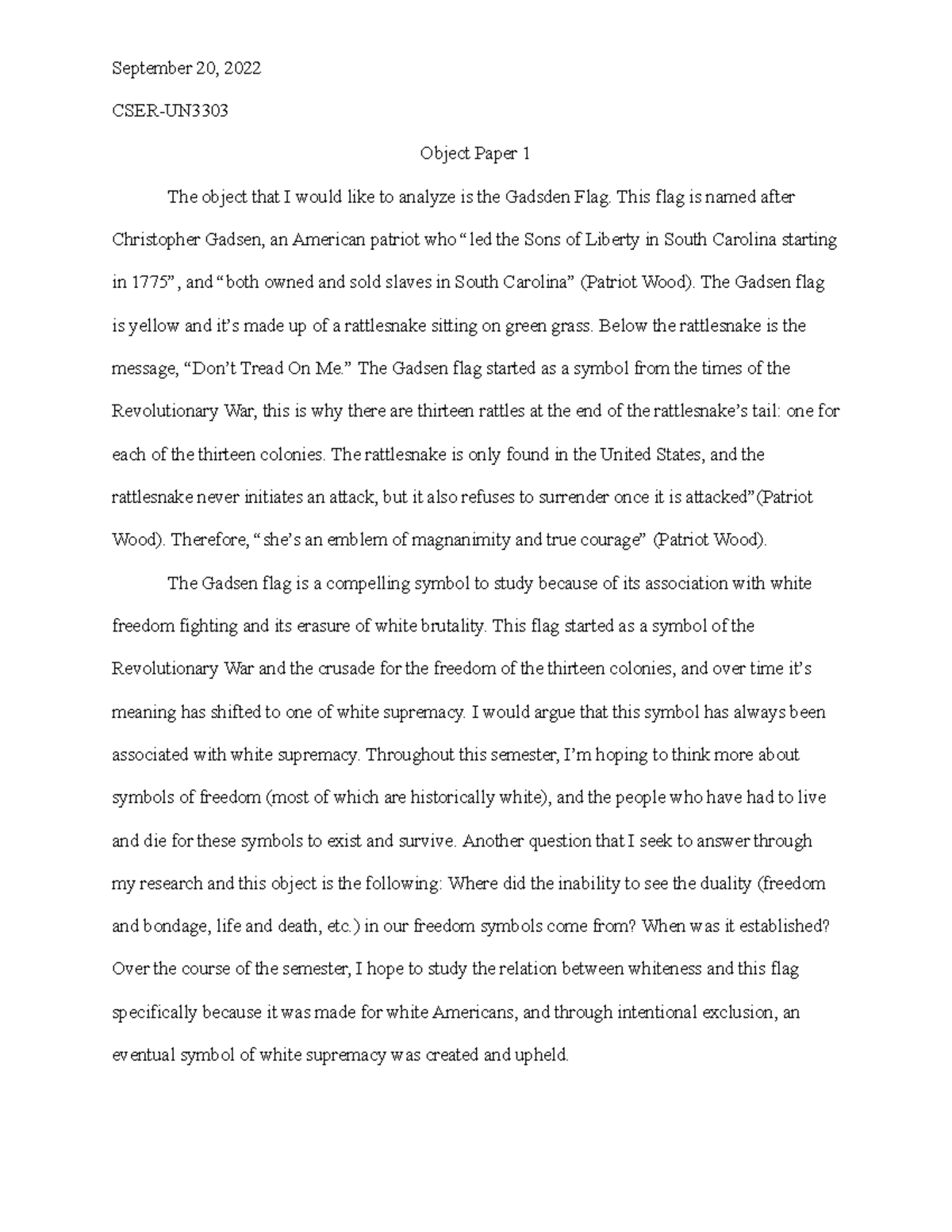 CSER-UN3303 Object Paper 1 - September 20, 2022 CSER-UN Object Paper 1 ...