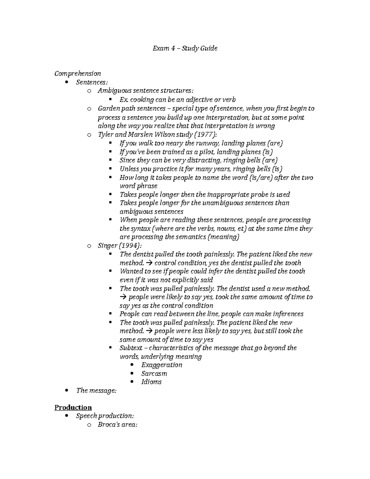 Exam 4 – Study Guide - Exam 4 – Study Guide Comprehension Sentences: o ...