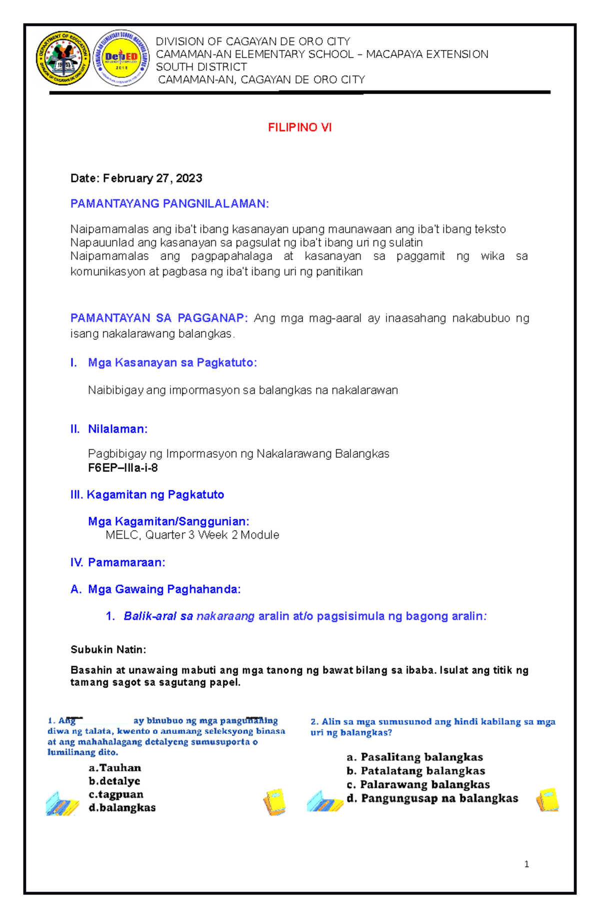 Lesson PLAN Filipino 6 Pagbabalangkas - CAMAMAN-AN ELEMENTARY SCHOOL ...