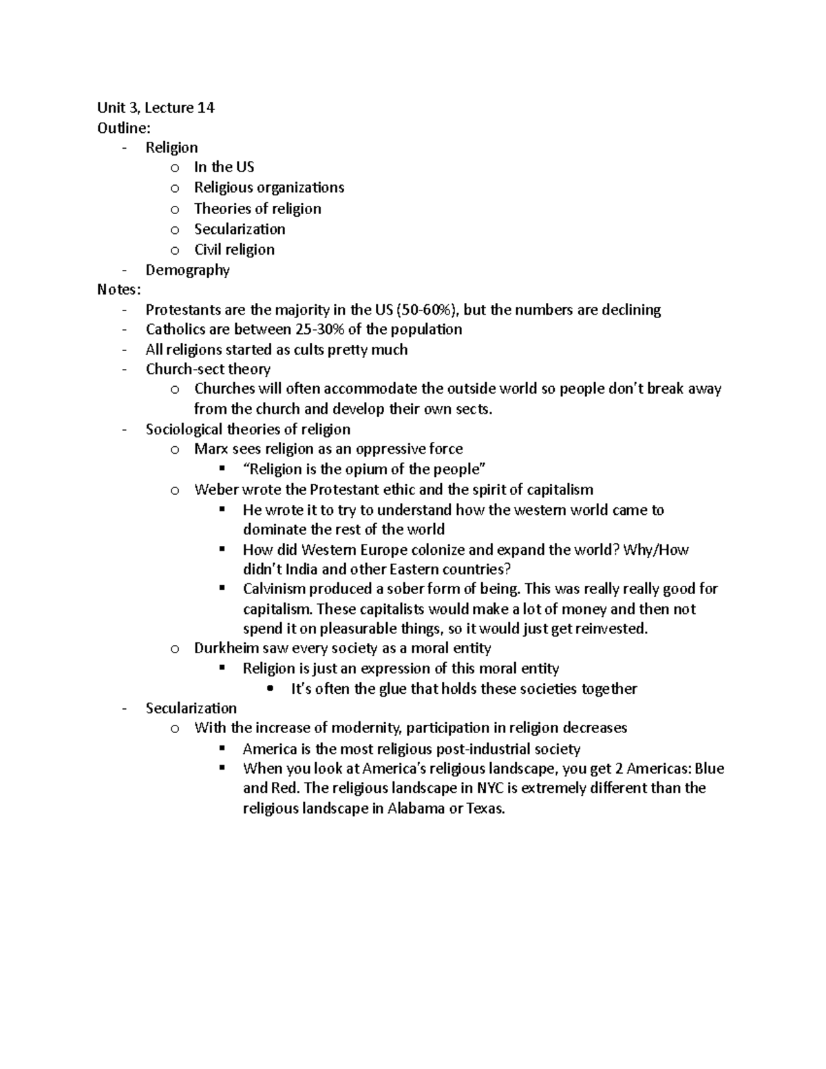 Unit 3, Lecture 14 - Unit 3, Lecture 14 Outline: - Religion o In the US ...