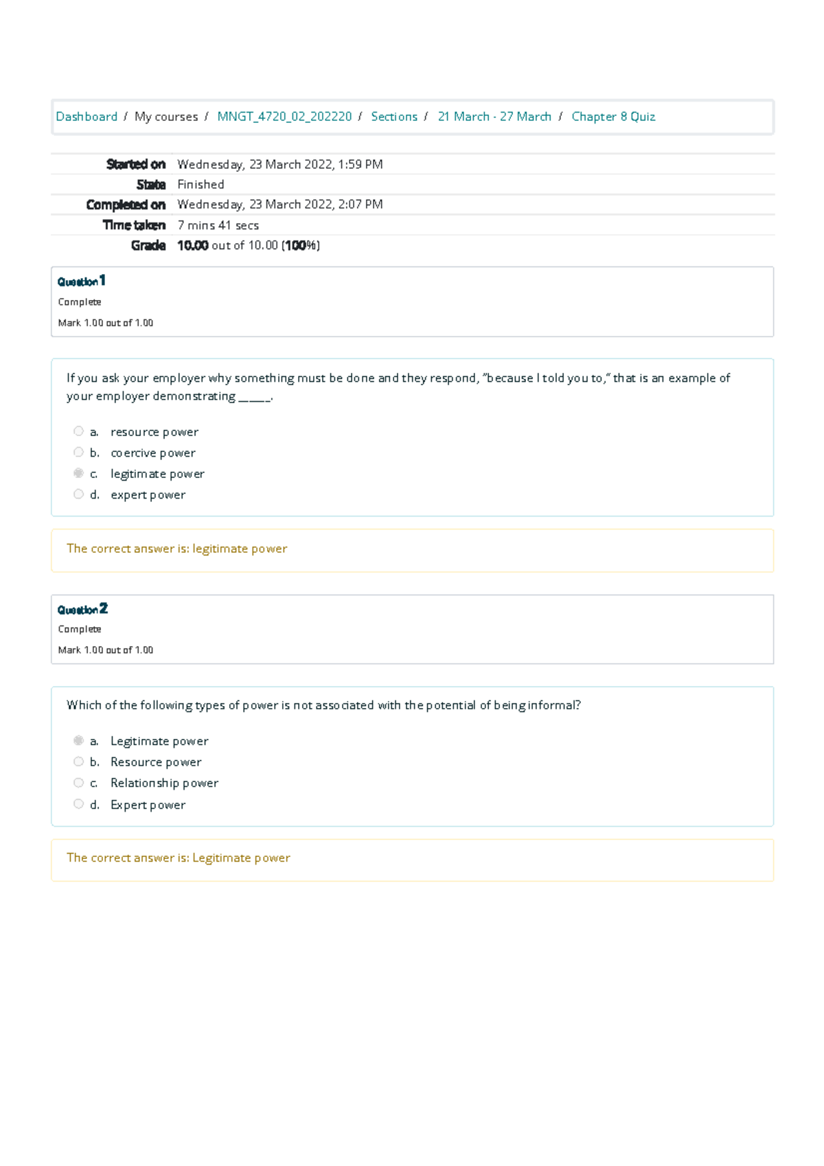 Chapter 8 Quiz Attempt review - Dashboard / My courses / MNGT_4720_02_202220 / Sections / 21 ...