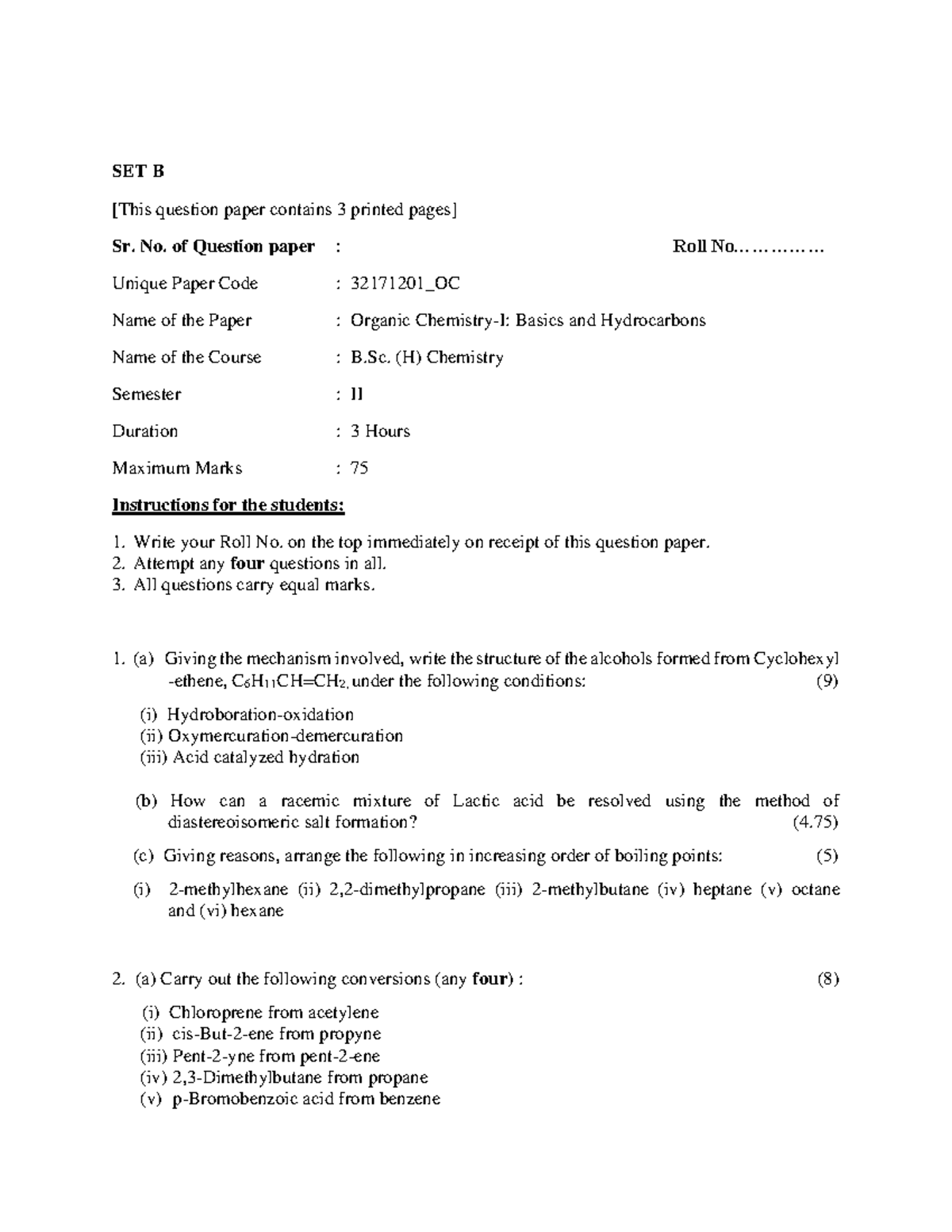 Chemistry-1 - Pyq du - SET B [This question paper contains 3 printed ...