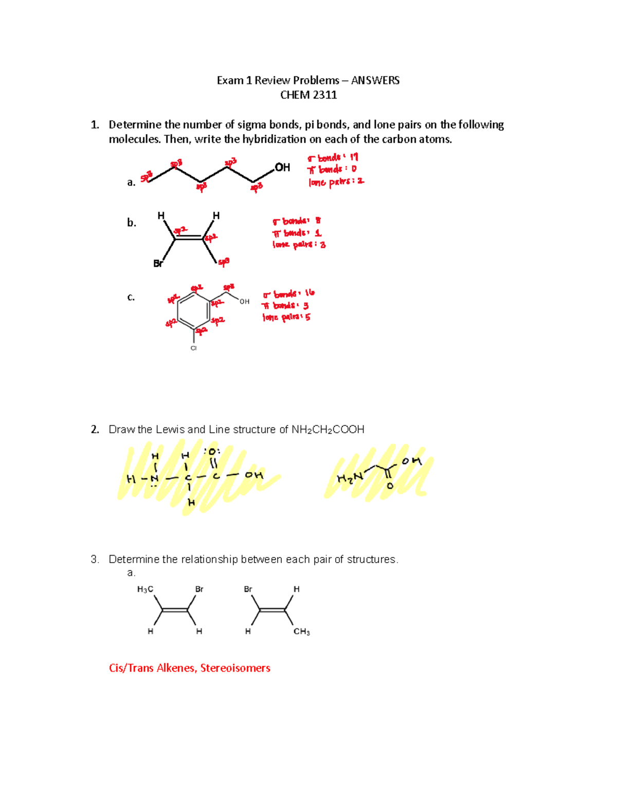 Chem 2311 Exam 1 Review Sheet Answers Exam 1 Review Problems Answers Chem 2311 Determine The 