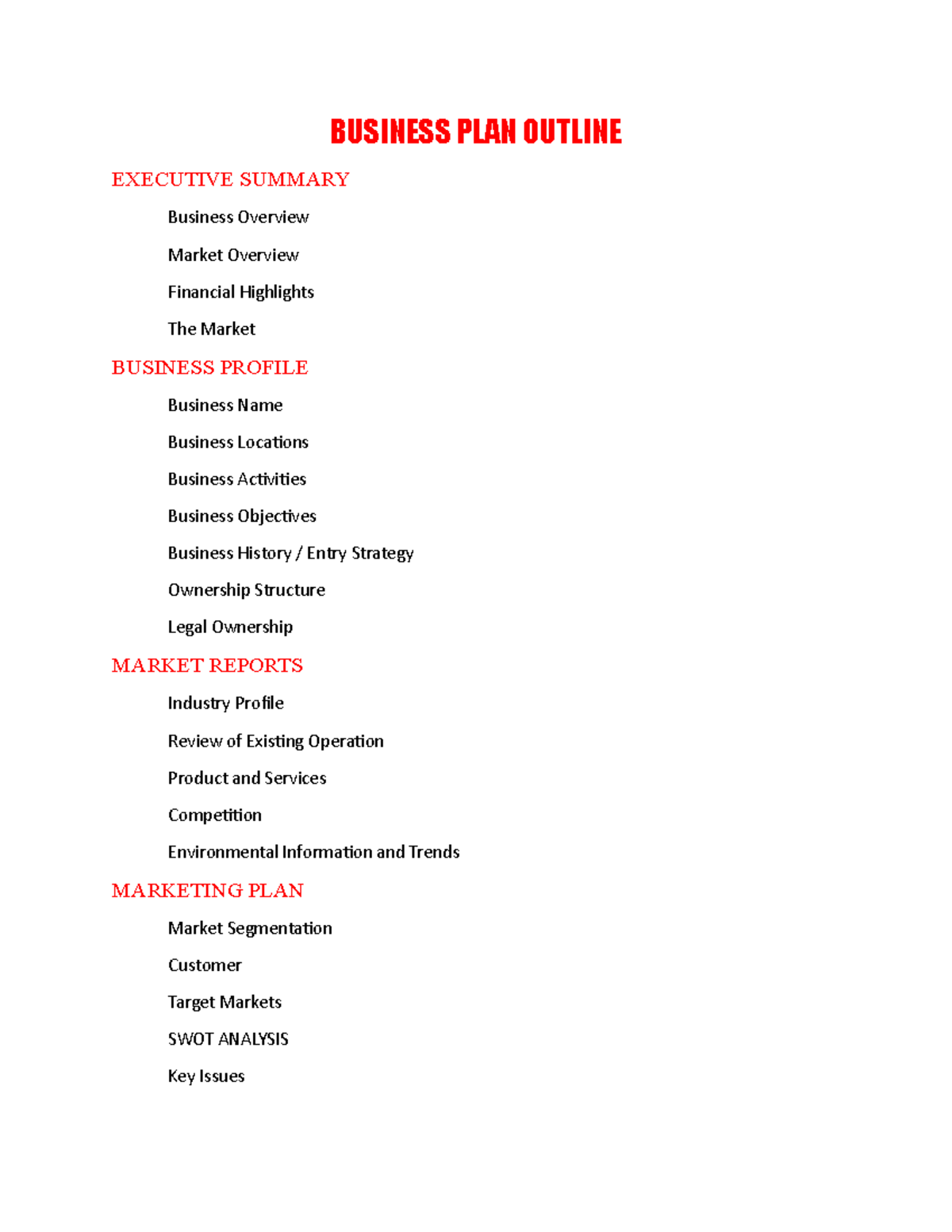 Business-PLAN- Outline - BUSINESS PLAN OUTLINE EXECUTIVE SUMMARY ...