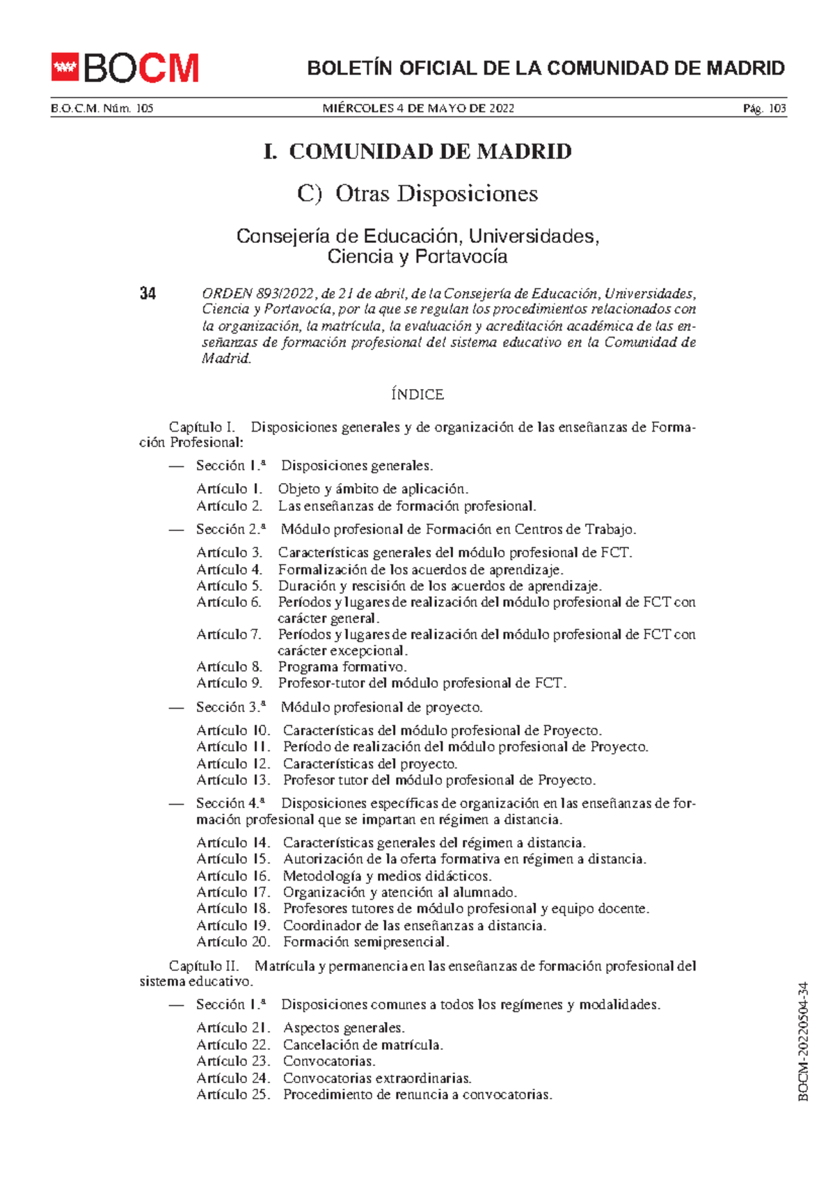 BOCM-orden FP Comunidad de Madrid - B.O.C. Núm. 105 MIÉRCOLES 4 DE MAYO ...