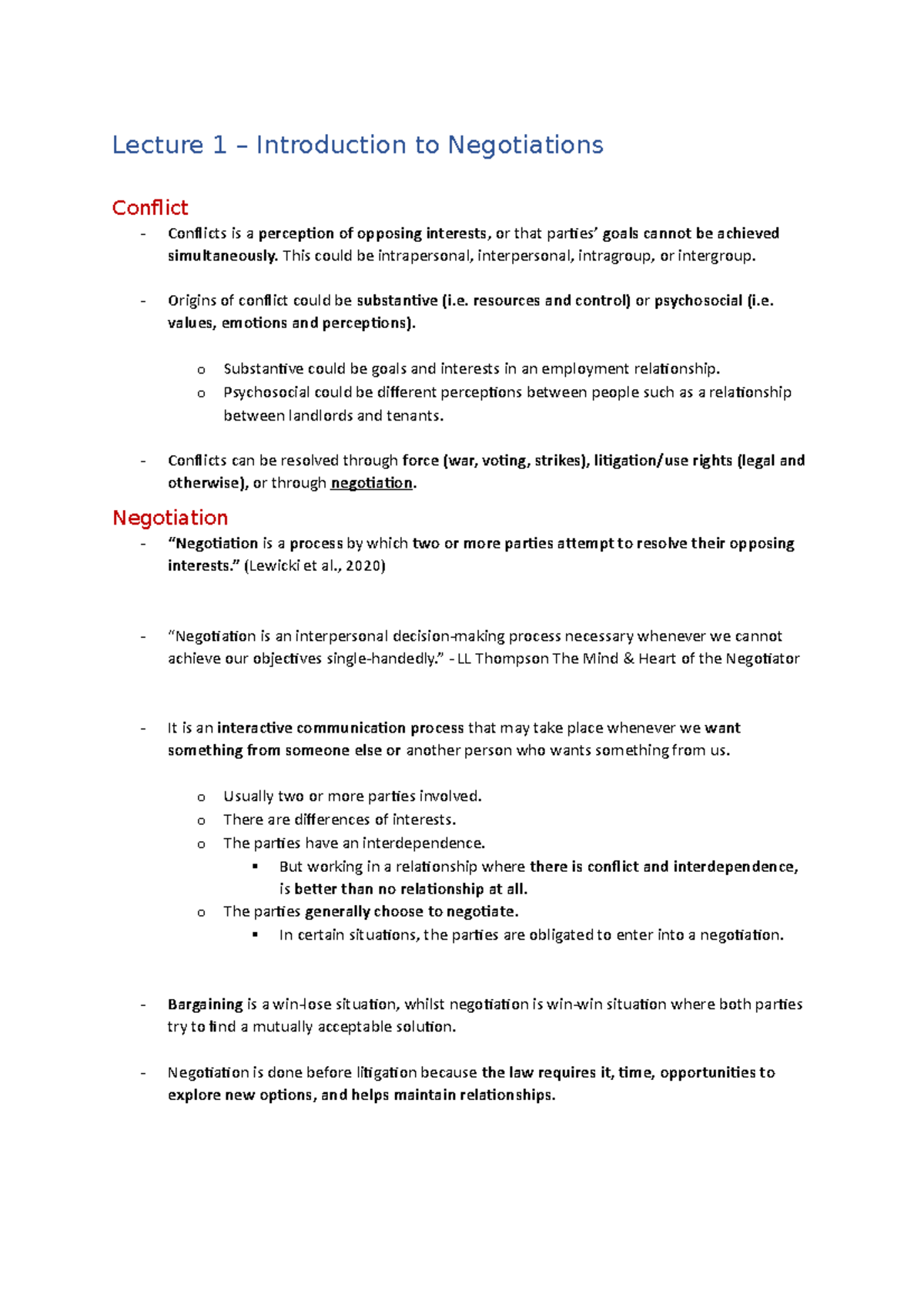 MGMT2001 1 Lecture 1-2 notes - Lecture 1 – Introduction to Negotiations ...