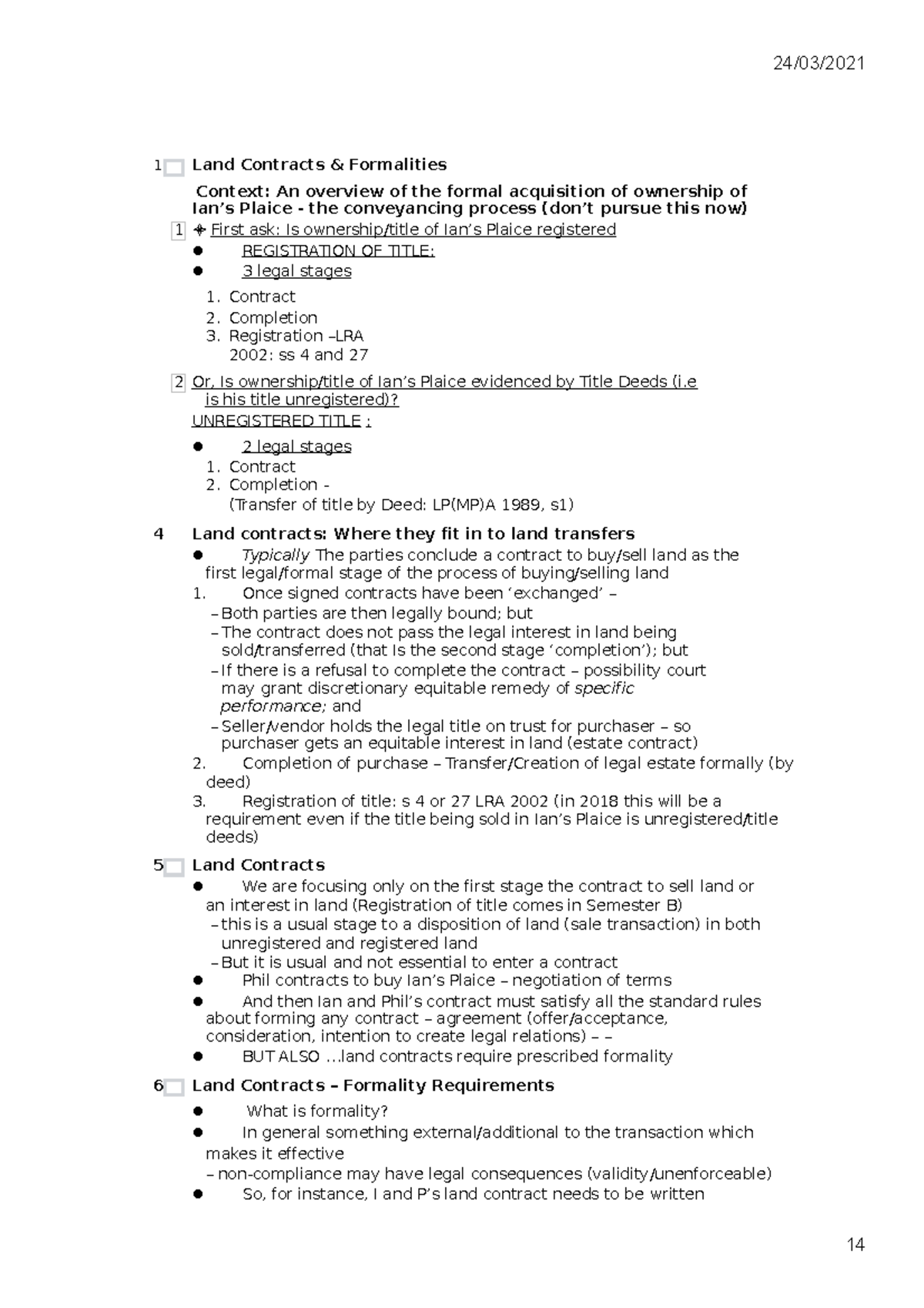 Land2 - Land Law Notes Detailed - 1 Land Contracts & Formalities ...