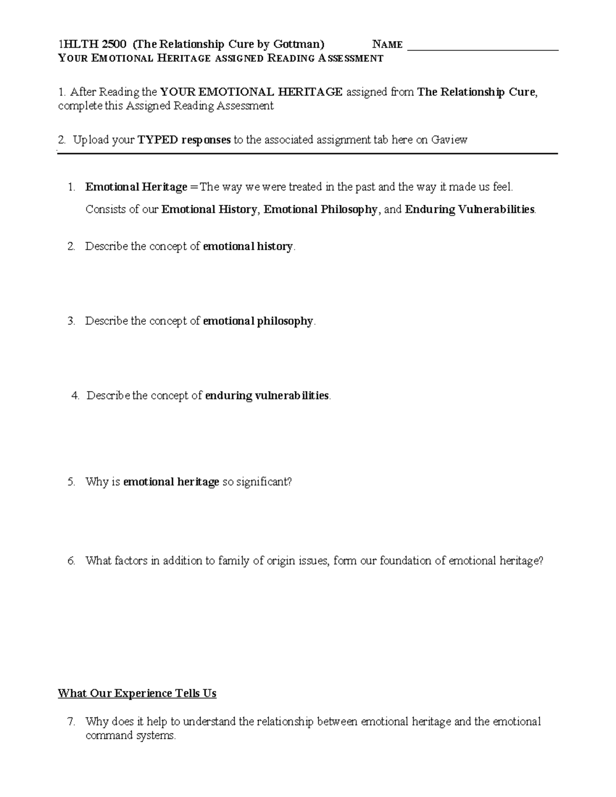 5. Emotional Heritage Assigned Reading Assessment - 1 HLTH 2500 (The ...