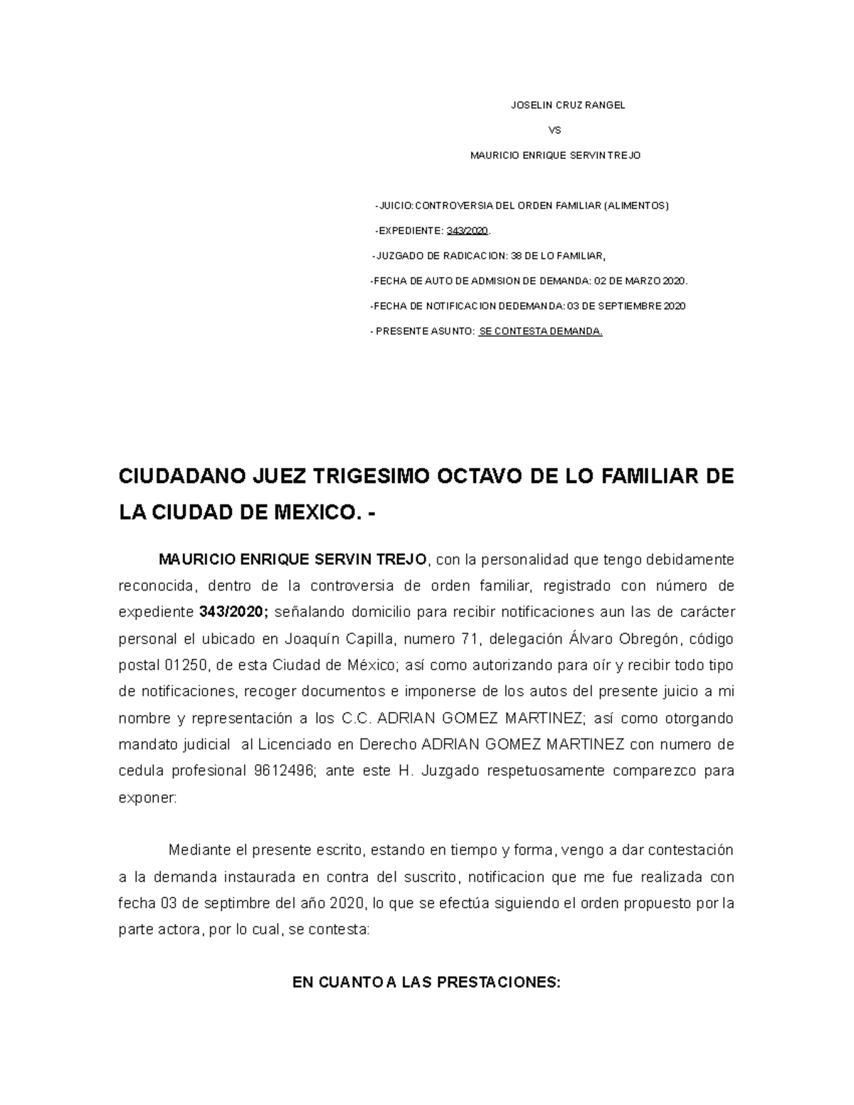 Contestacion Alimentos Mauricio Servin - JOSELIN CRUZ RANGEL VS ...