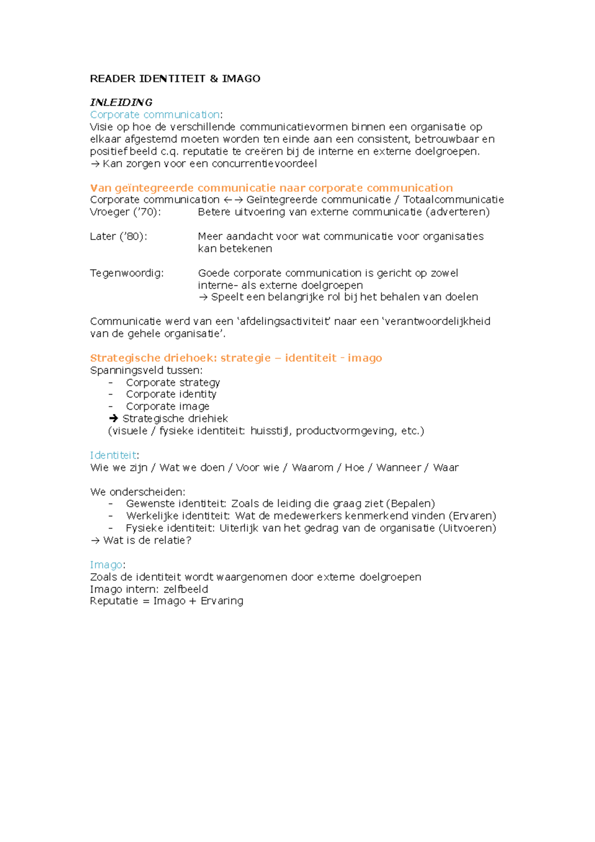 Samenvatting Identiteit & Imago - READER IDENTITEIT & IMAGO INLEIDING ...