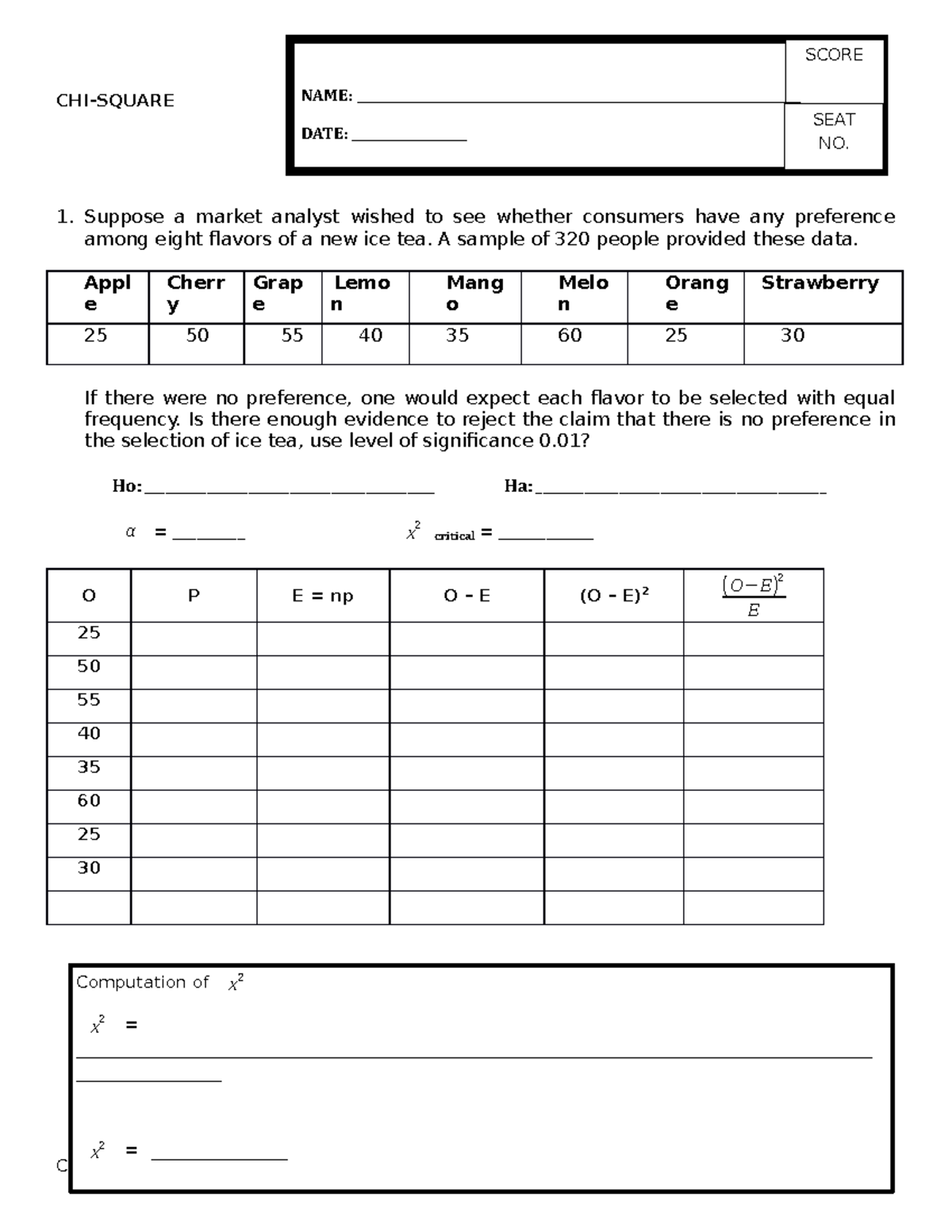 Chi square exercises 2020 - CHI-SQUARE Suppose a market analyst wished ...