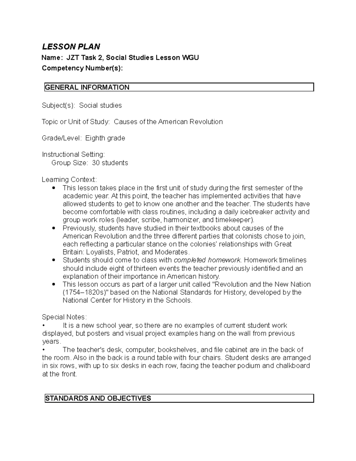 Social Studies Lesson Plan - LESSON PLAN Name: JZT Task 2, Social ...