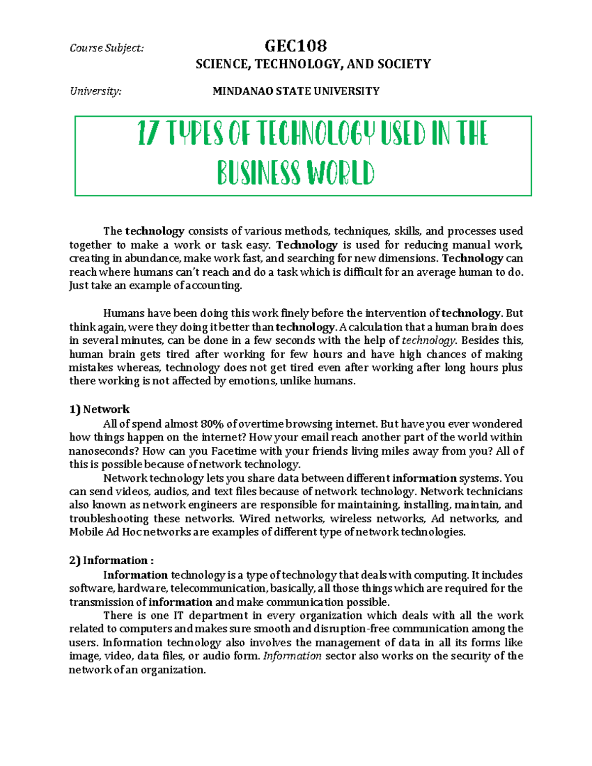 GEC108 Types of Technology in Business World - Course Subject: GEC ...