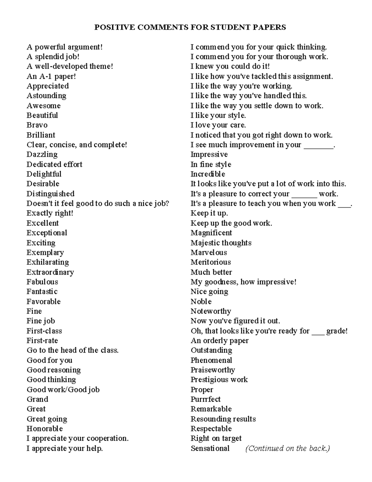 Positive Comments List POSITIVE COMMENTS FOR STUDENT PAPERS A