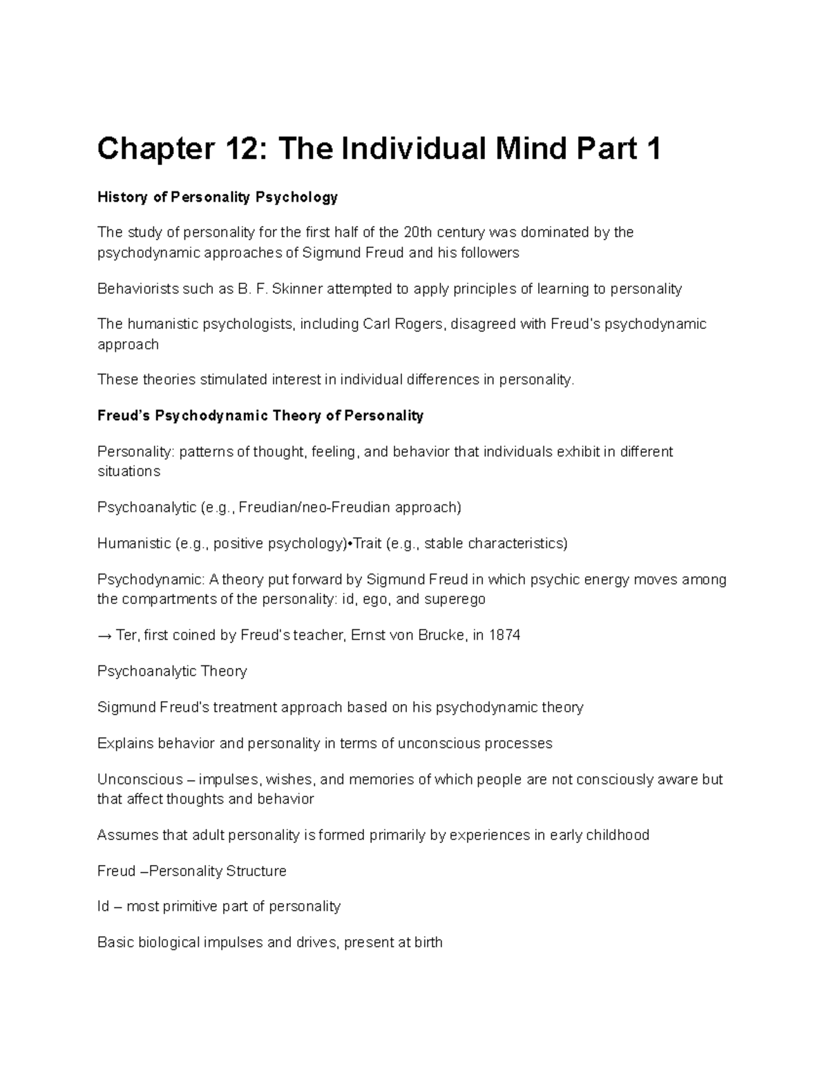 General Psychology Chapter 12 Part 1 - Chapter 12: The Individual Mind Part 1 History of ...