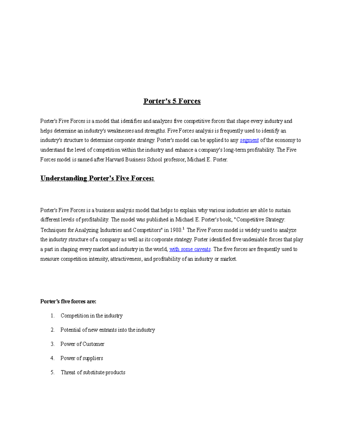 MIS Assignment - notes - Porter's 5 Forces Porter's Five Forces is a ...