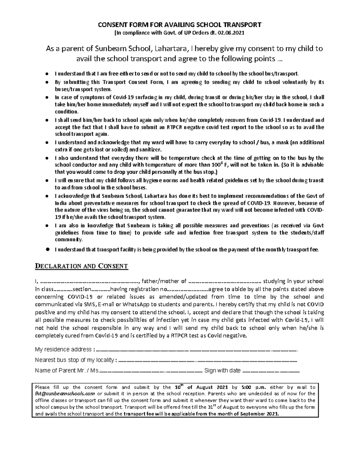 Consent Form for availing school transport 2021 - CONSENT FORM FOR ...