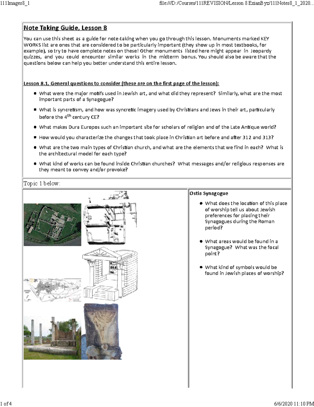 Lesson 8 - Complete notes on the specific art pieces needed. Additional ...
