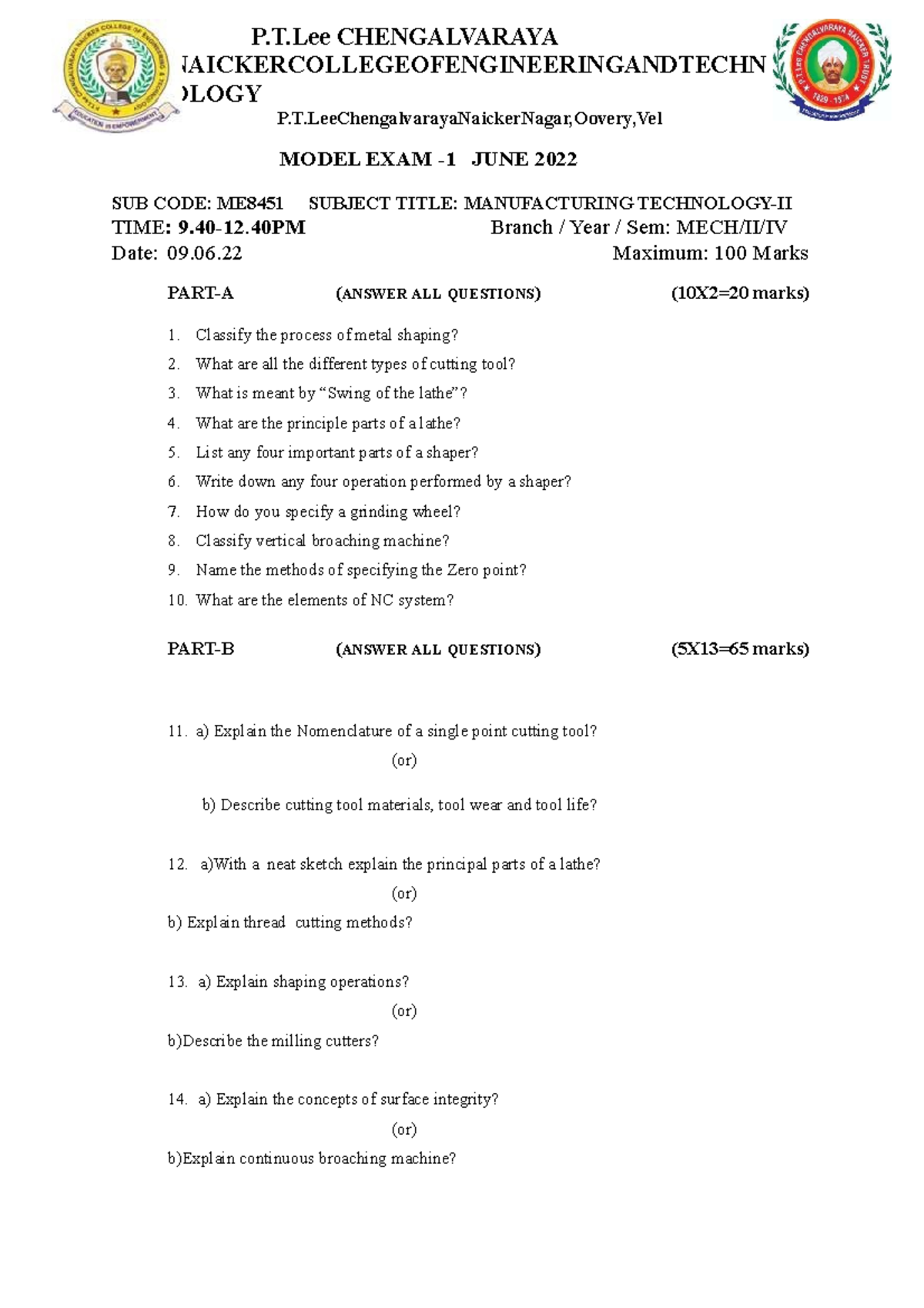Model MT 2 QP june 2022 - lecture Notes - P.T CHENGALVARAYA ...