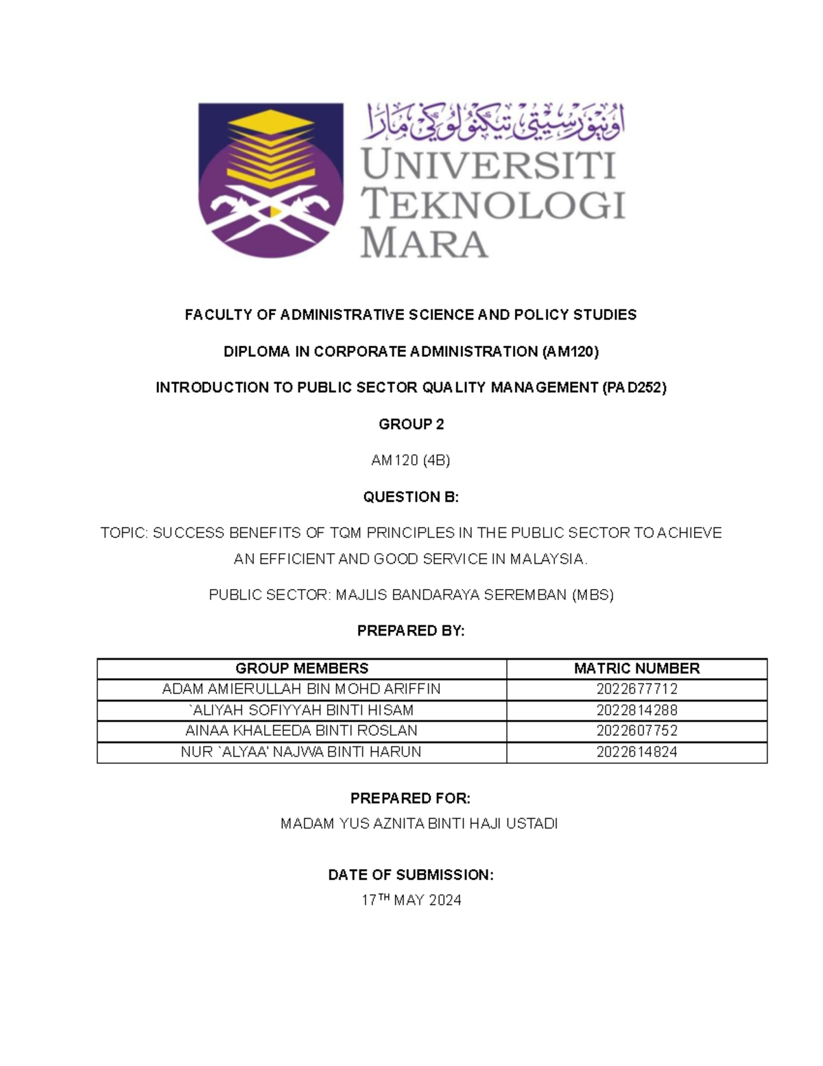 PAD Report - sample only - FACULTY OF ADMINISTRATIVE SCIENCE AND POLICY ...