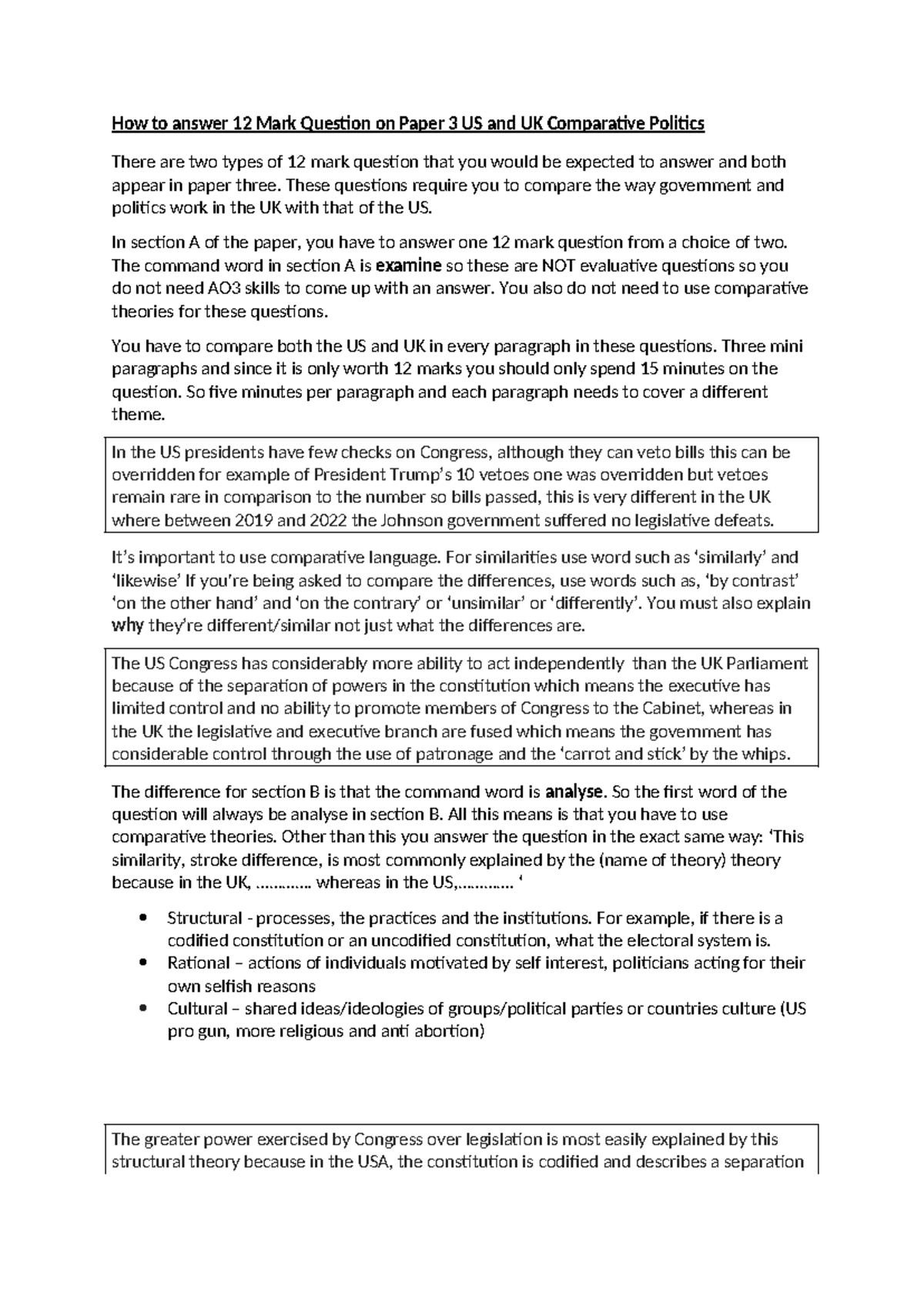 How to answer 12 Mark Question on Paper 3 US and UK Comparative ...