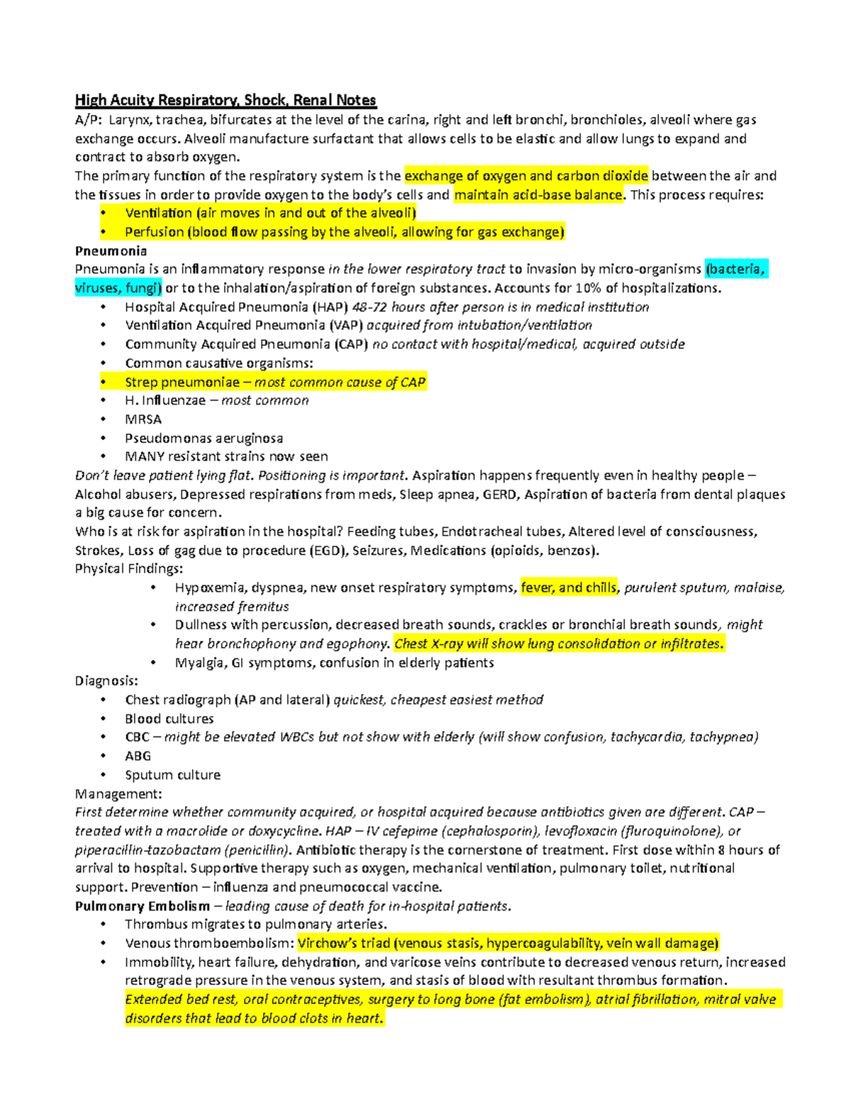 High Acuity Exam 2 Notes[ 5254] - High Acuity Respiratory, Shock, Renal ...