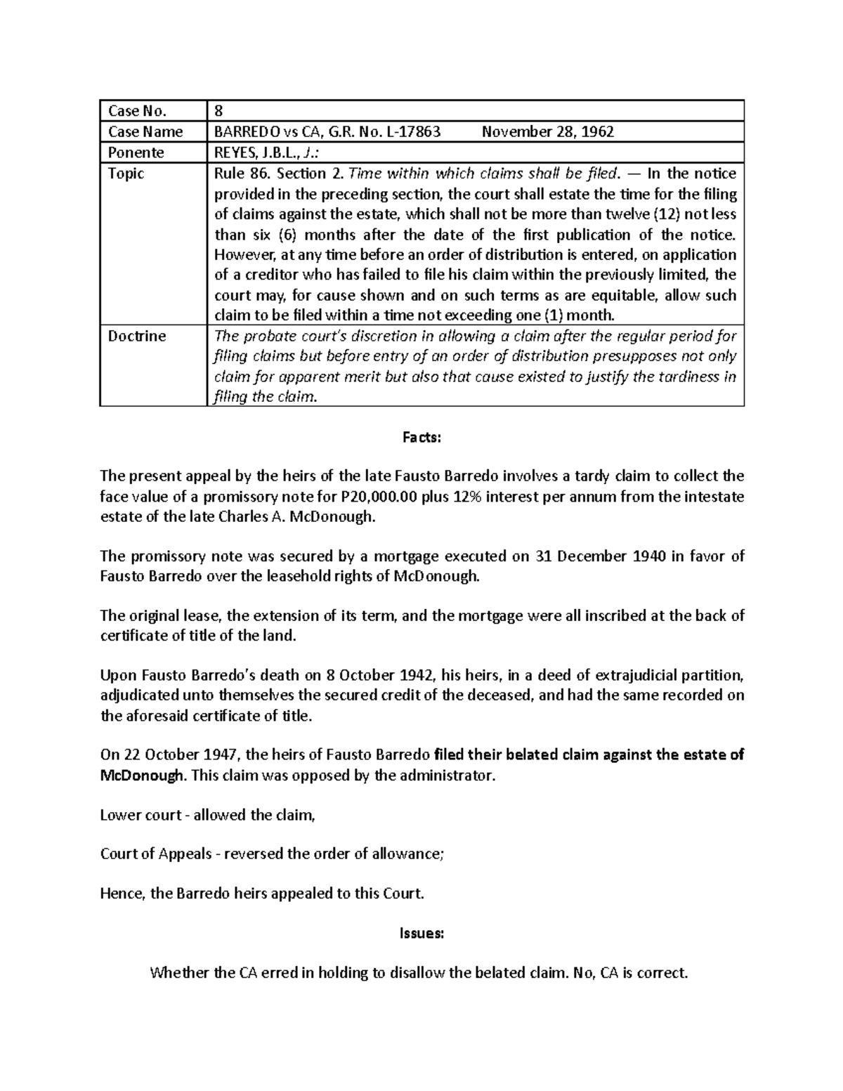 (8) Barredo vs. CA, Rule 86 - Case No. 8 Case Name BARREDO vs CA, G. No ...