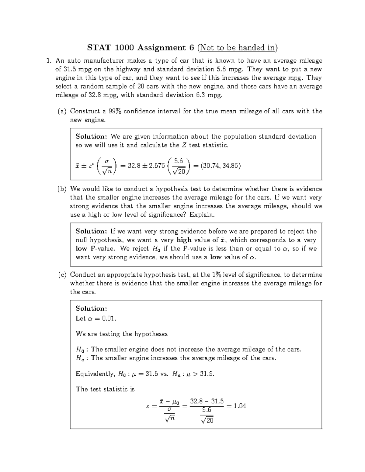 Sample Assignment Questions with Solutions A6 - STAT 1000 Assignment 6 ...
