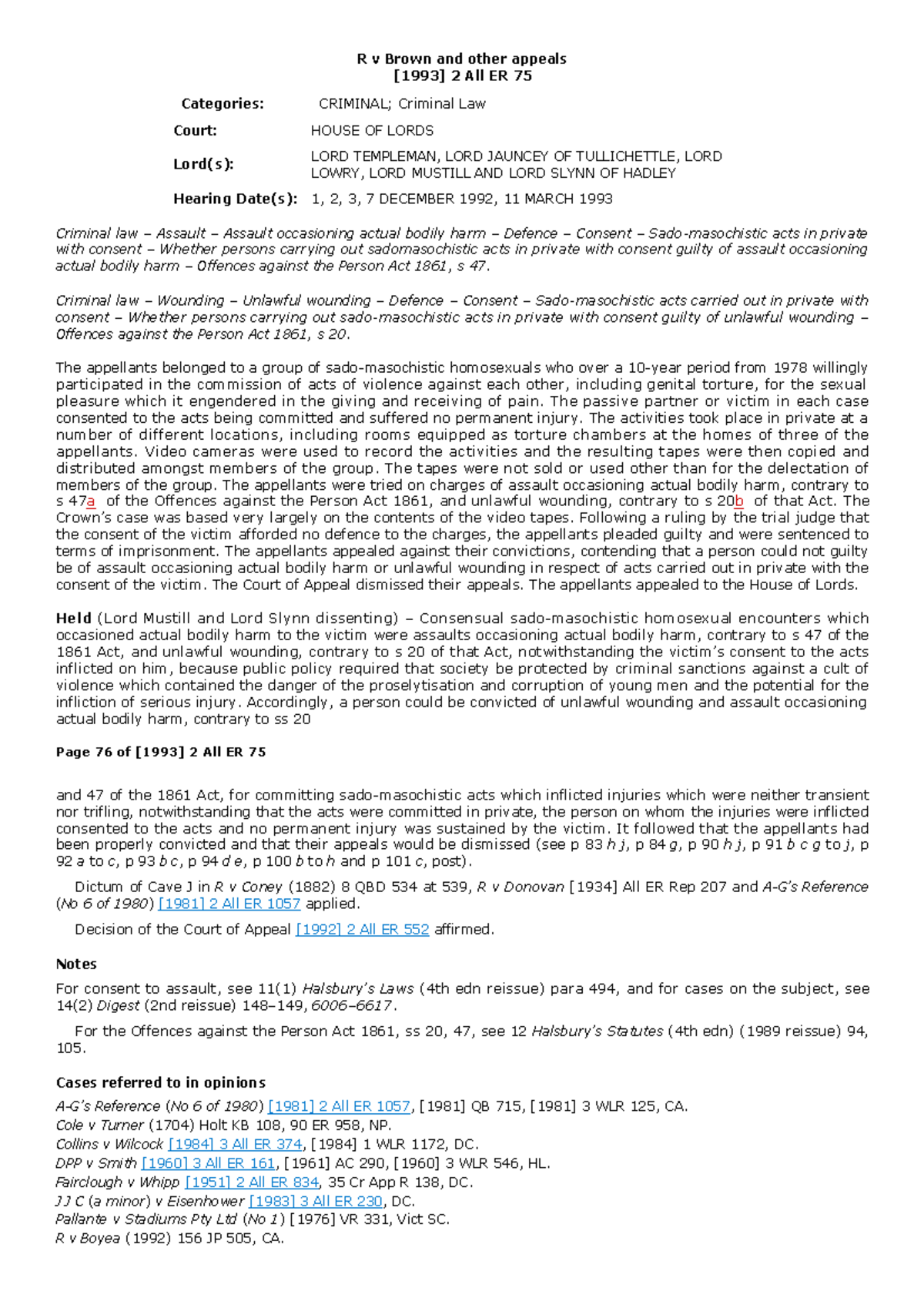 Brown case - Case law - R v Brown and other appeals **[1993] 2 All ER ...