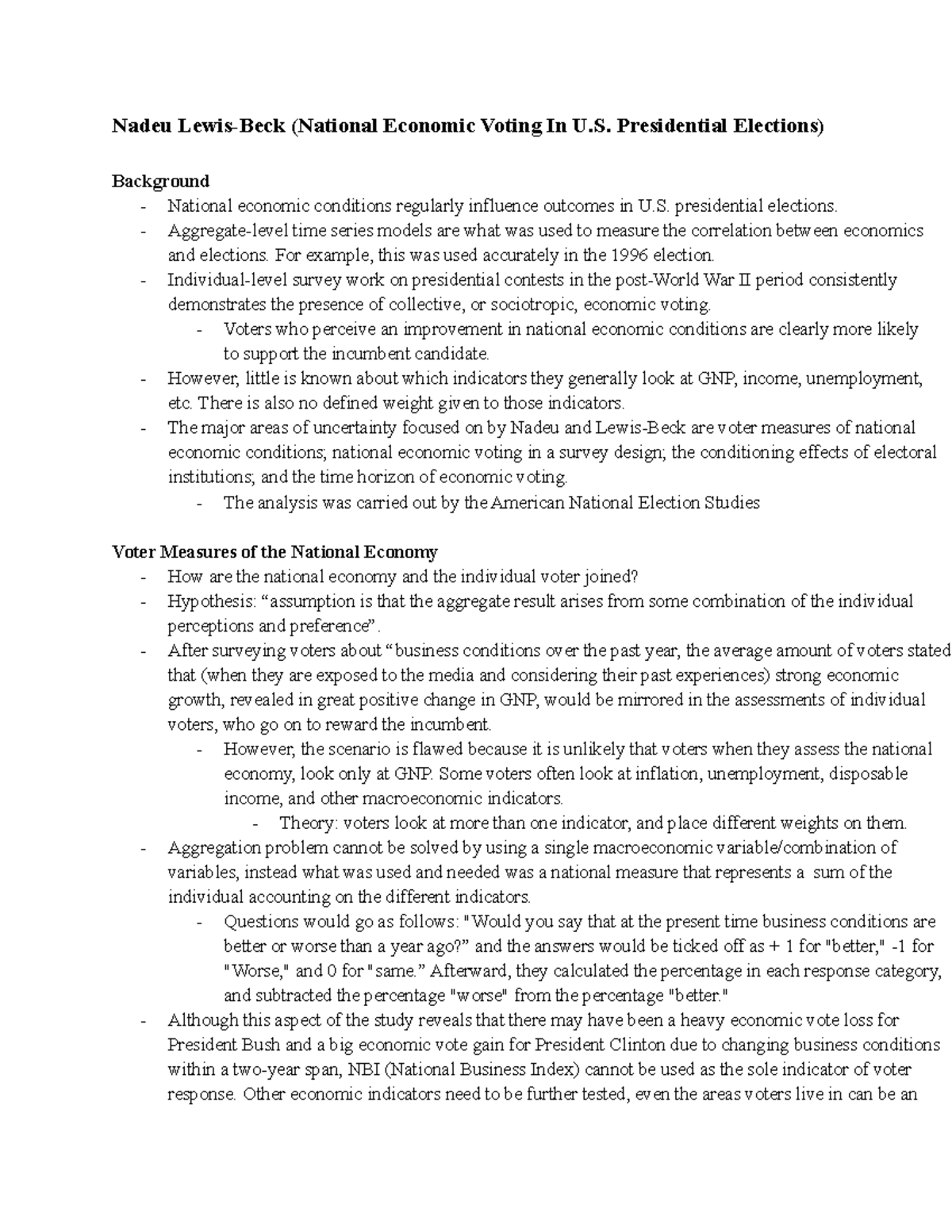 Nadeu Lewis-Beck - Summary on the study of National Economic Voting In ...