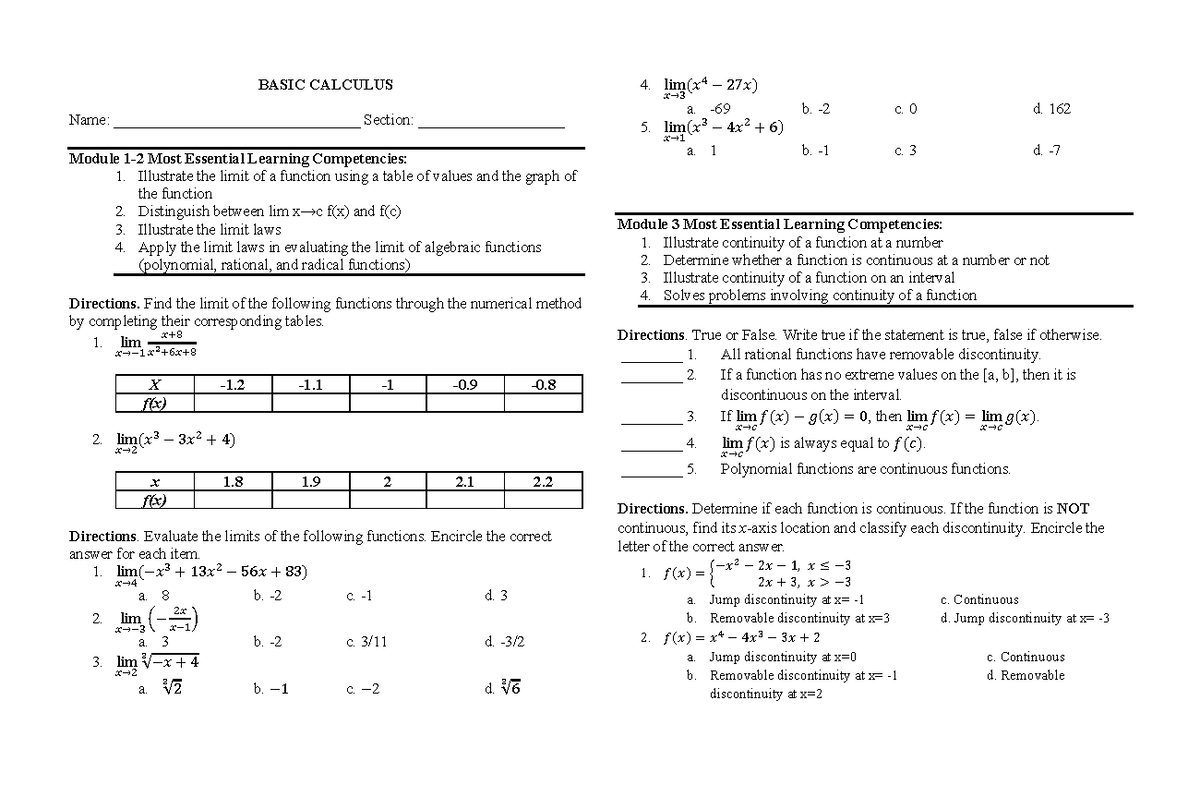 Basic Calc MELC Activity - BASIC CALCULUS Name ...