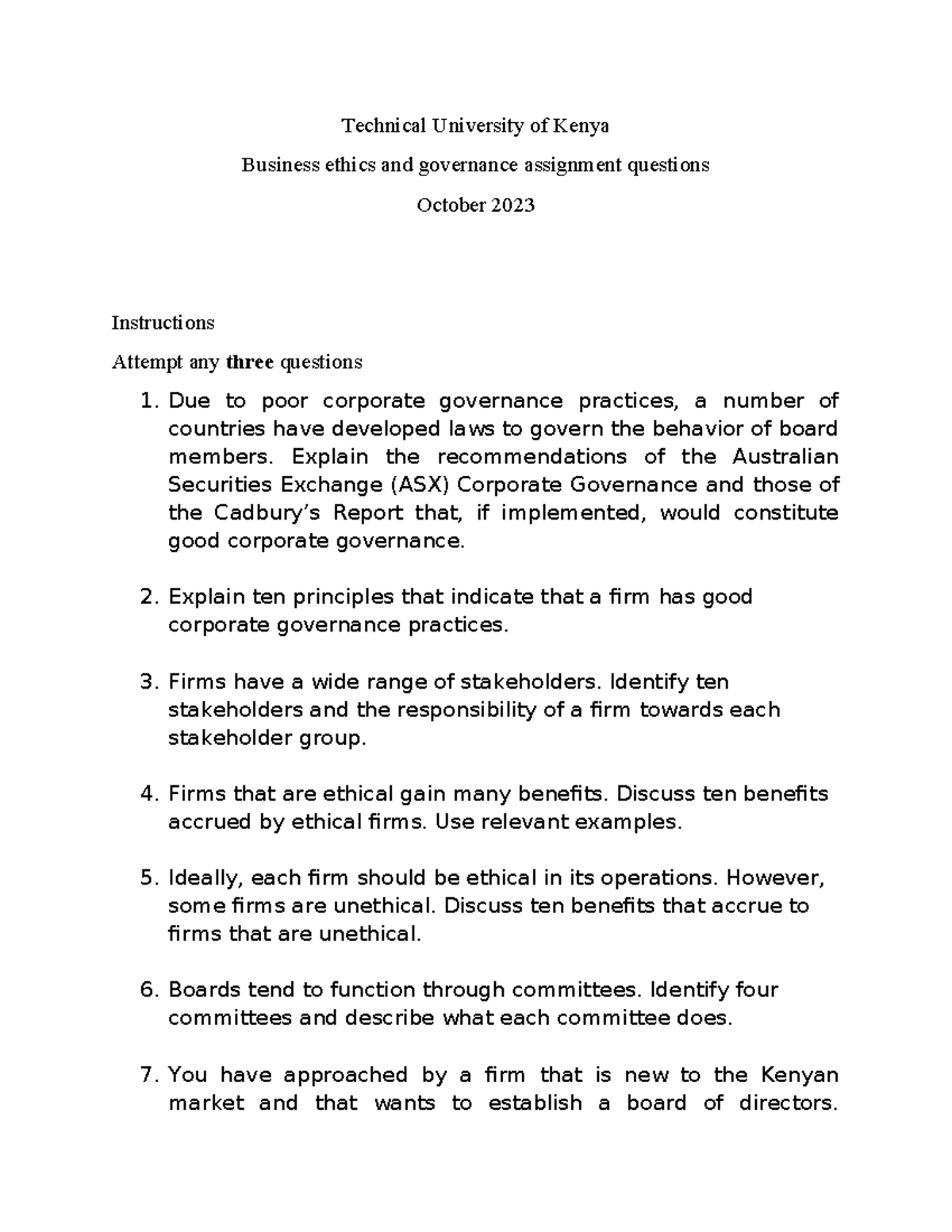 Ethics and governance assignment October 2023 - Technical University of ...