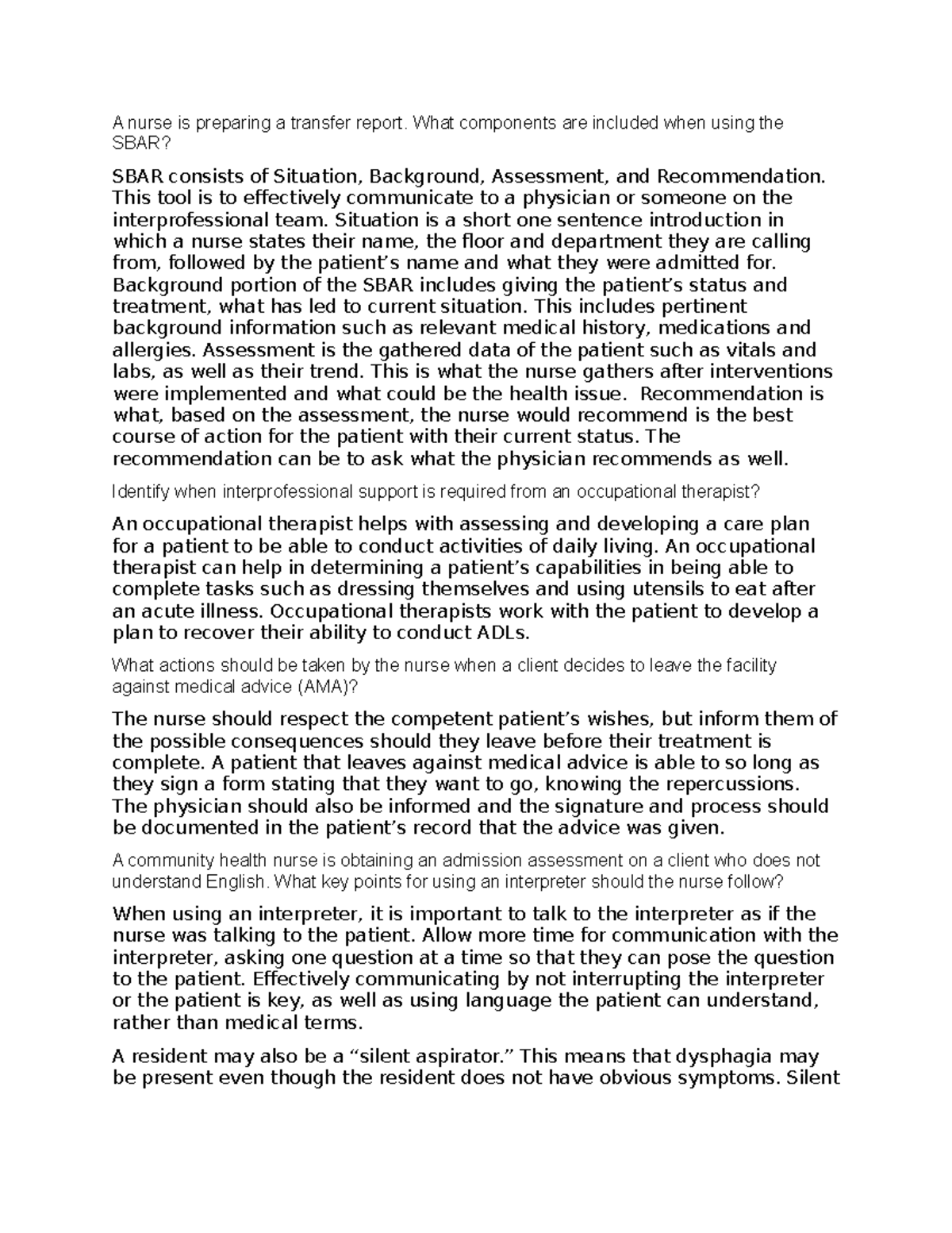 Nursing Review Questions - A nurse is preparing a transfer report. What ...