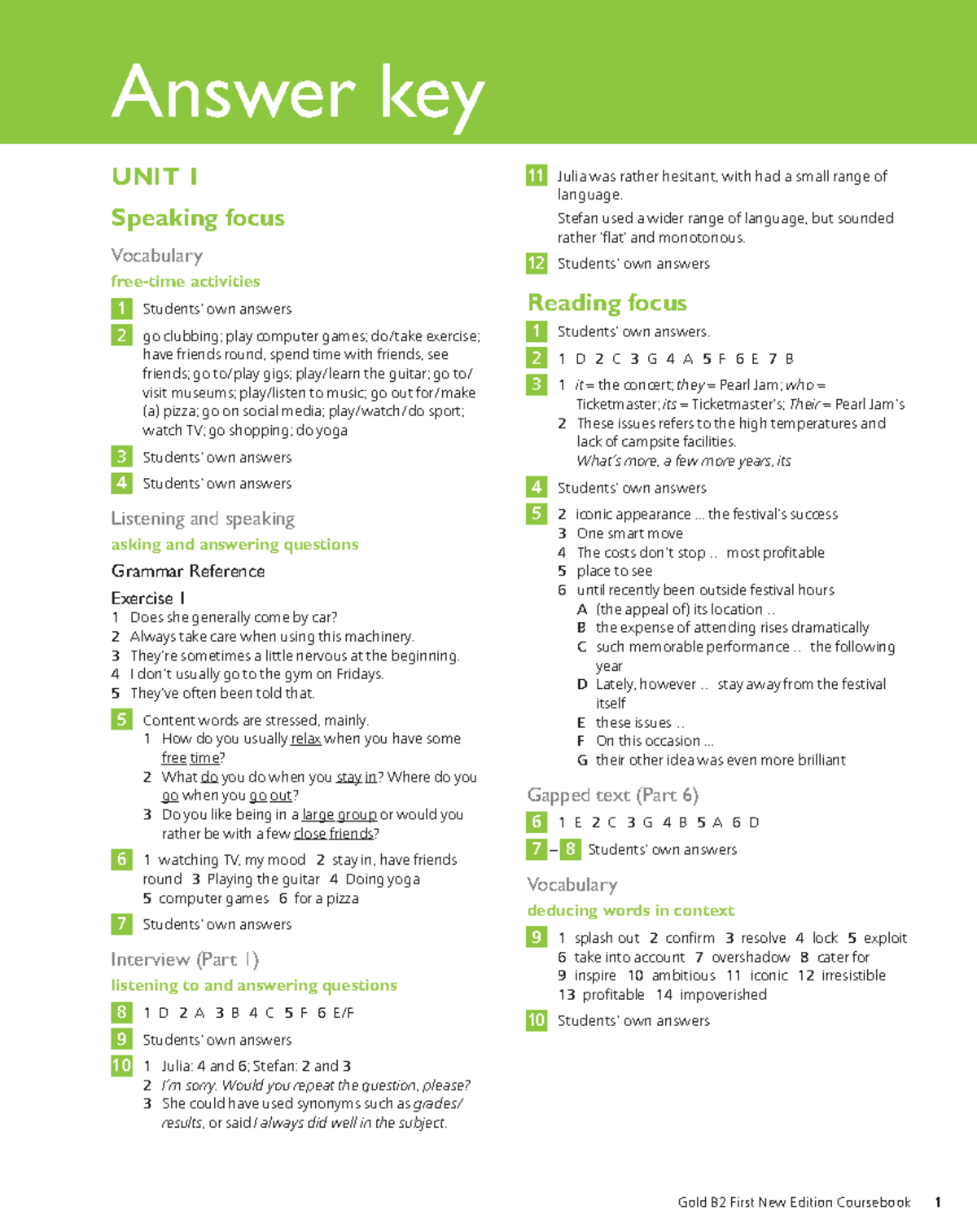 Coursebook answer key - ...... - UNIT 1 Speaking focus Vocabulary free ...