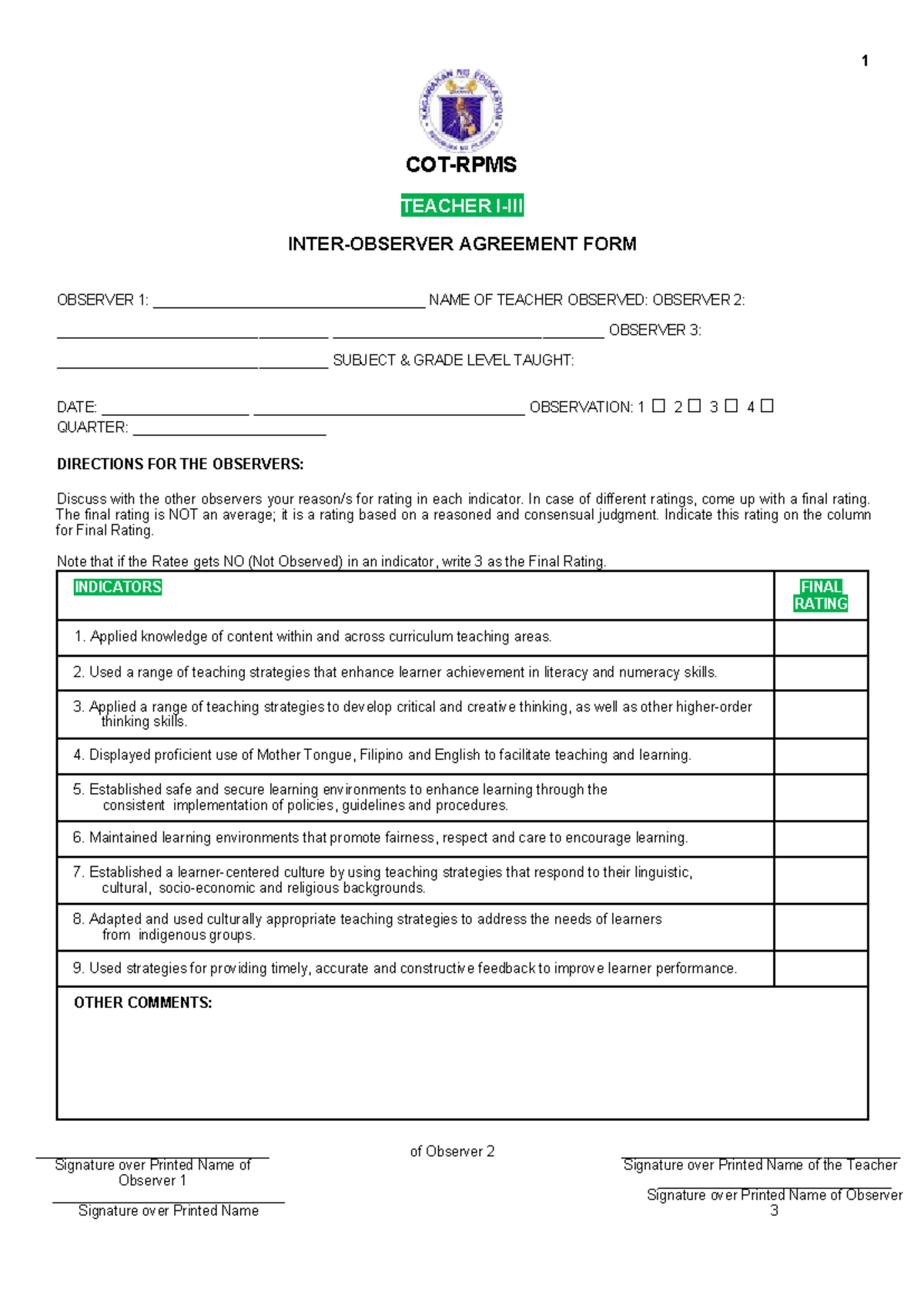 [Appendix C-10] COT-RPMS Inter-observer Agreement Form for T I-III for ...