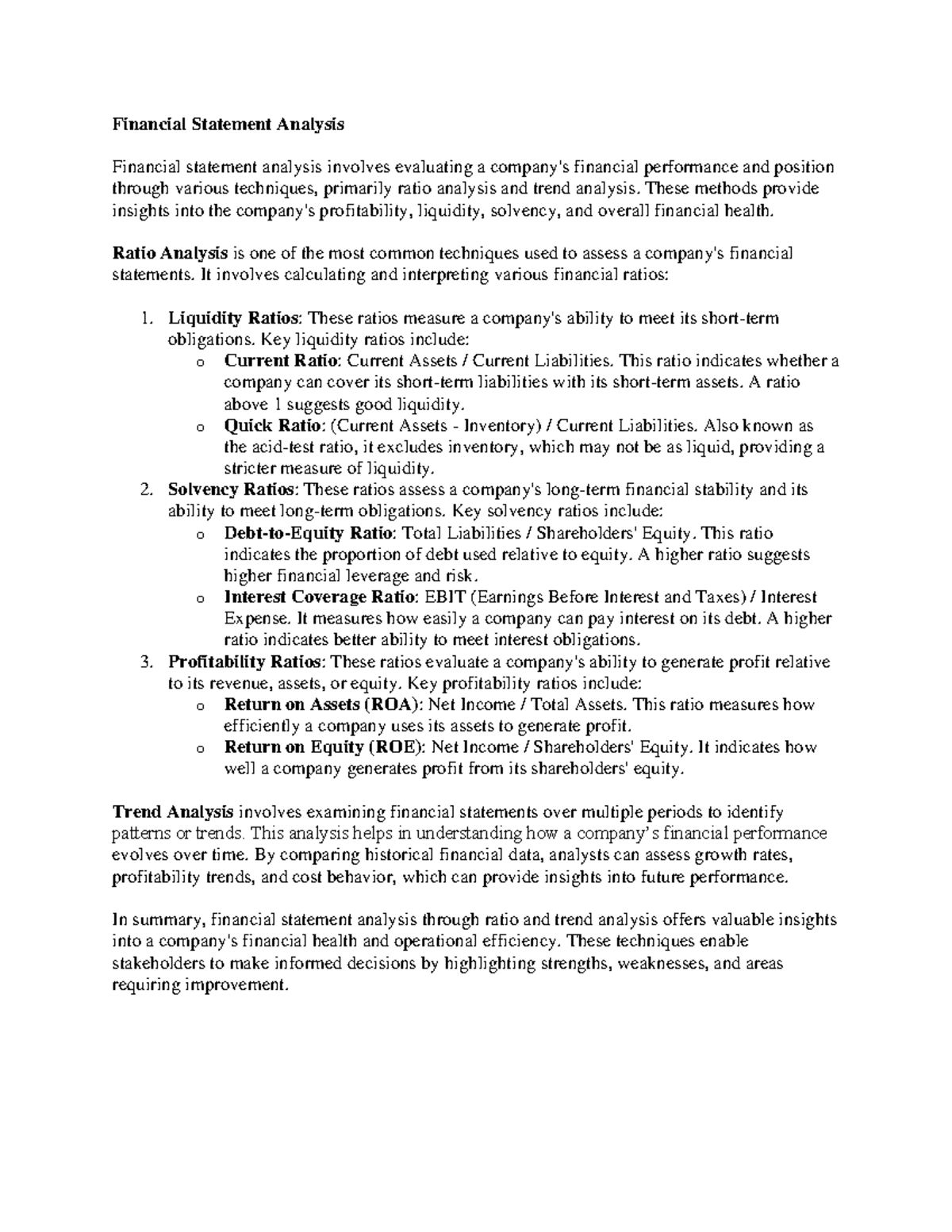 Financial statement analysis involves evaluating a company's financial ...