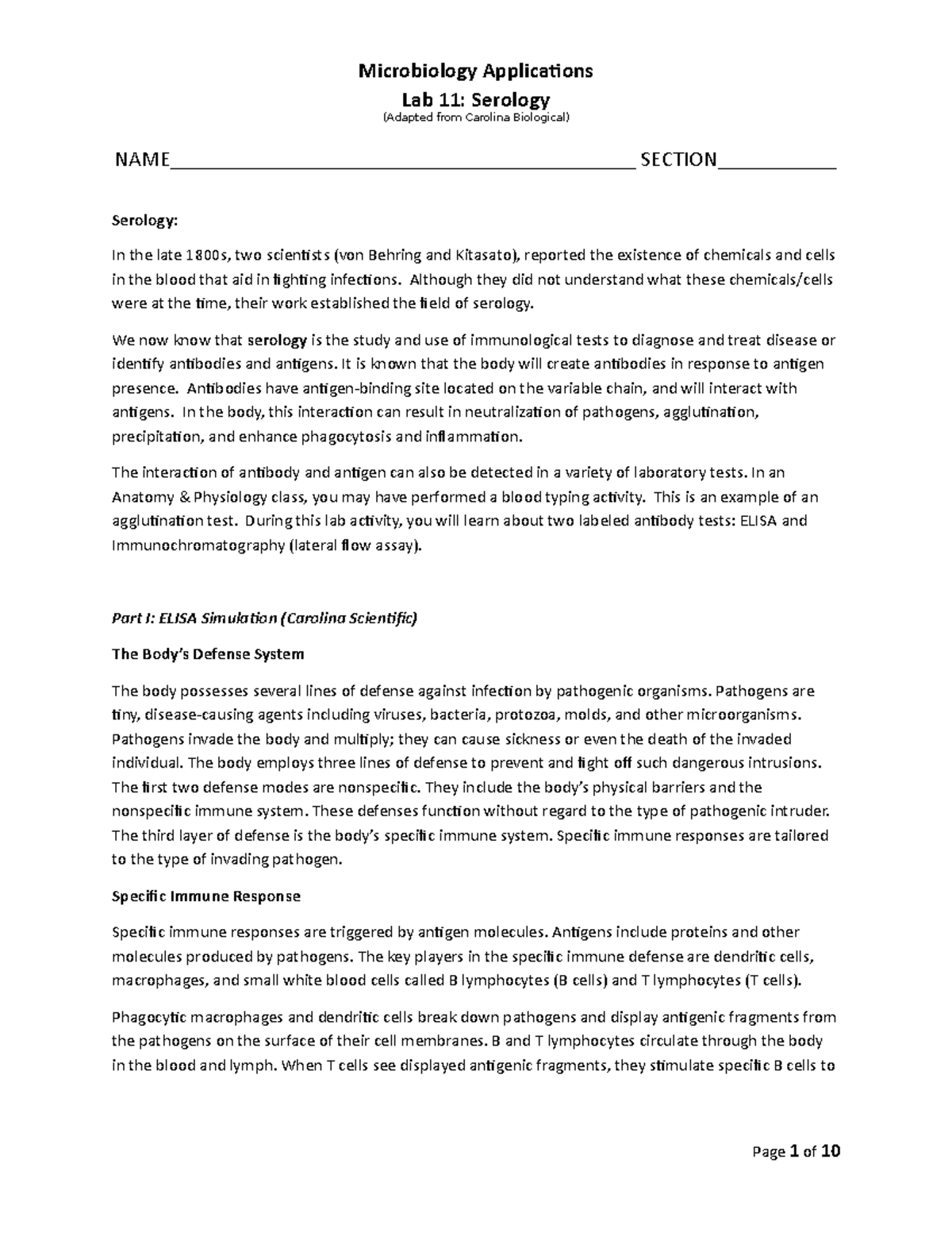 11 -Serology - Chem - Lab 11: Serology (Adapted from Carolina ...