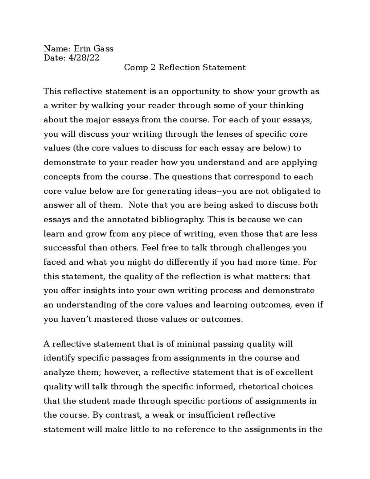 Reflective Statement - Name: Erin Gass Date: 4/28/ Comp 2 Reflection ...