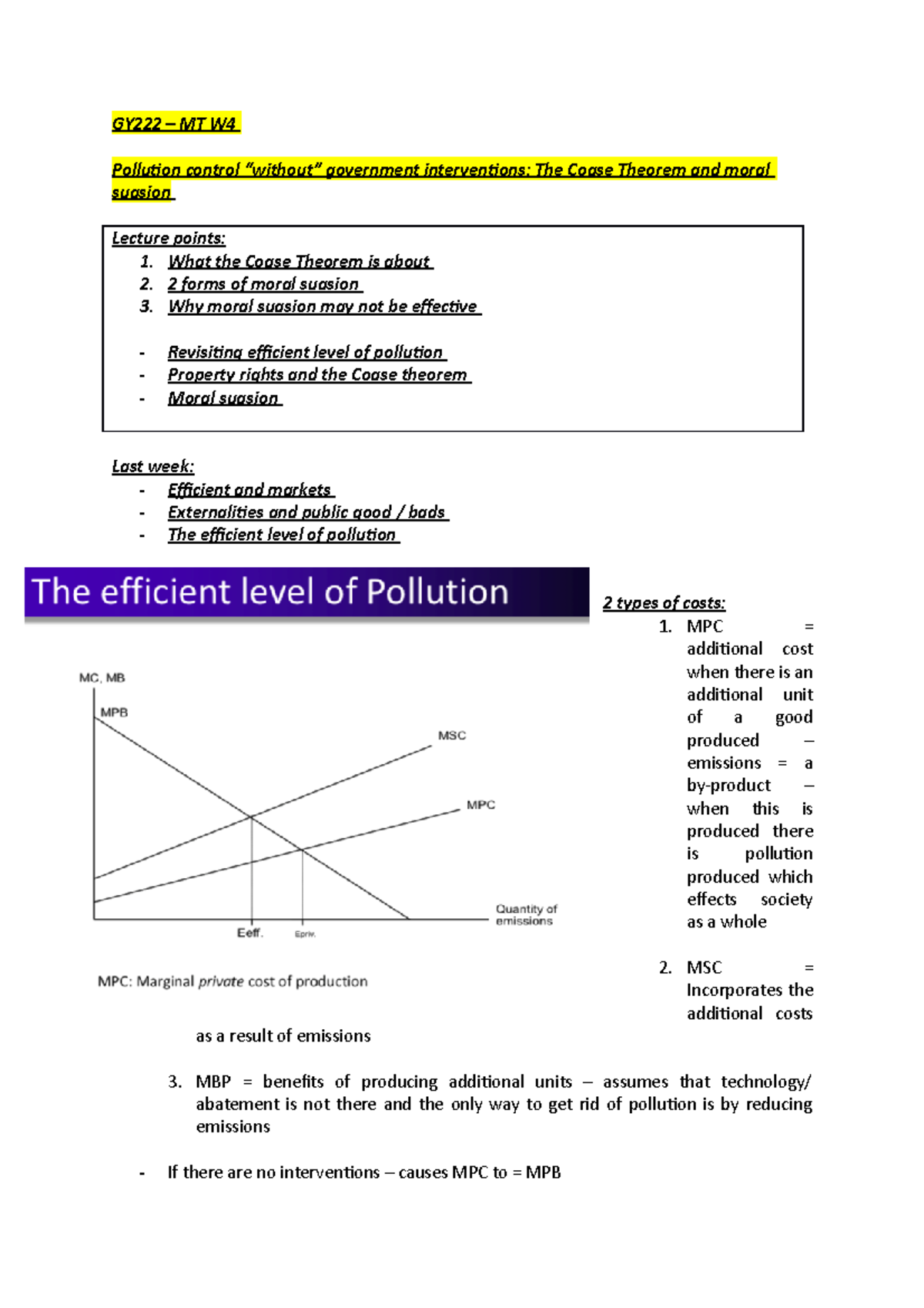 WEEK 4 - Coase theorem and moral suasion - GY222 – MT W Polluion ...