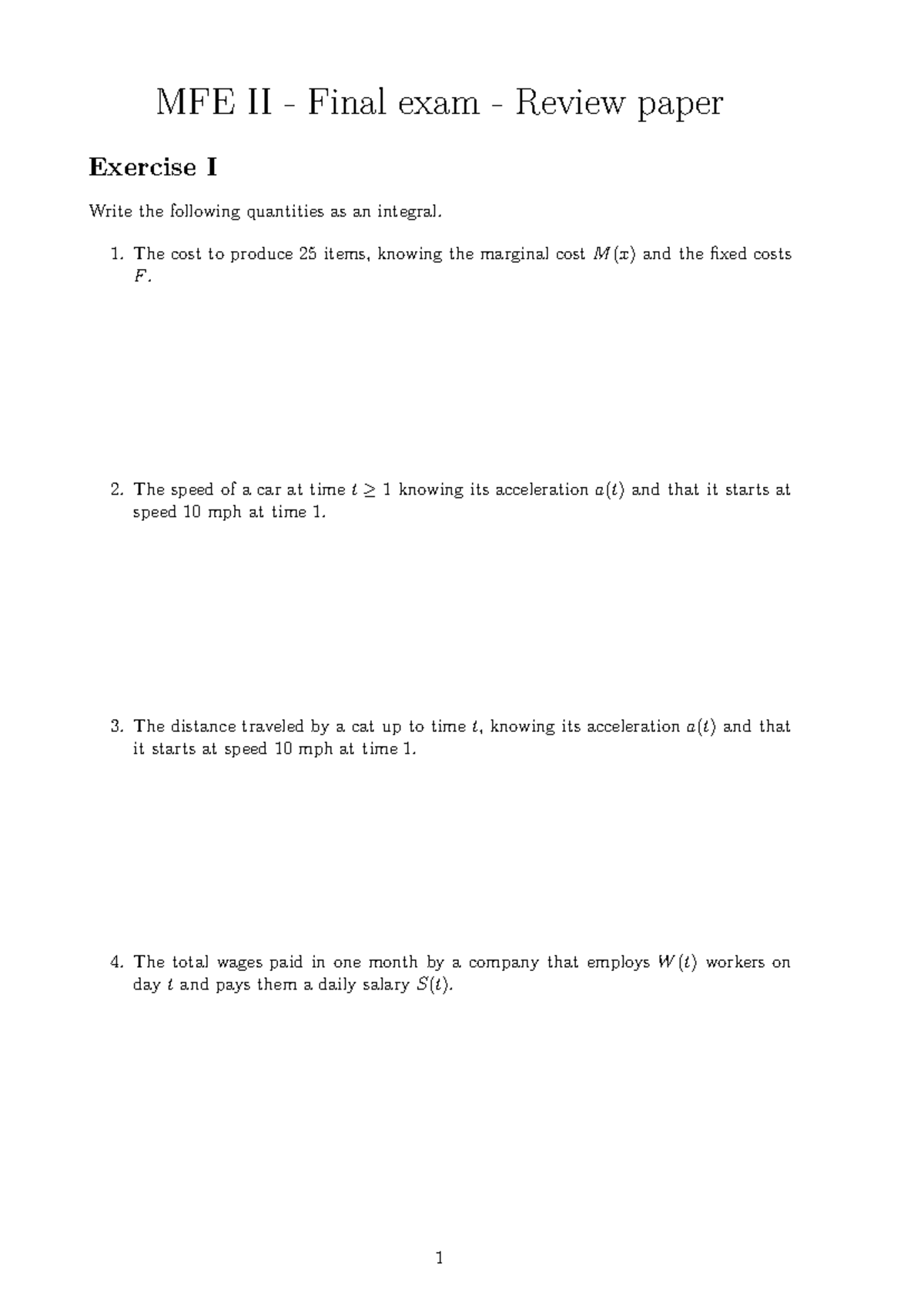 Final Review Practice - MFE II - Final exam - Review paper Exercise I ...