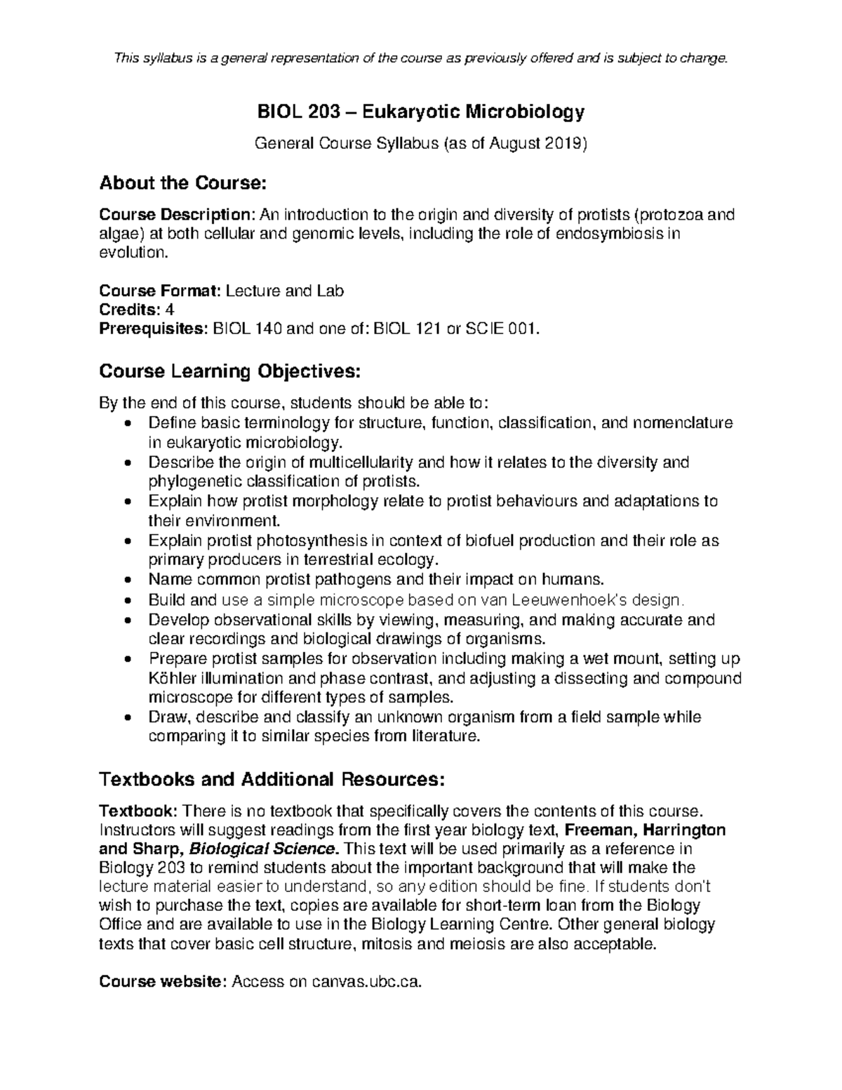 BIOL 203 – Eukaryotic Microbiology Course Outline - EOSC 584B - UBC ...