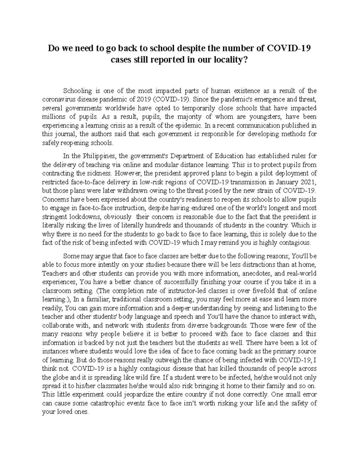 Position Paper - Do we need to go back to school despite the number of ...