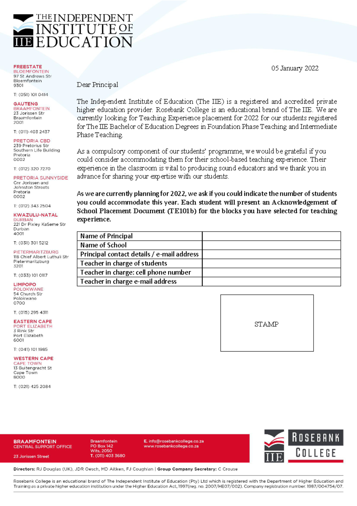 Placement Letter for BED Students 2022 (1)-1 - 05 January 2022 Dear ...