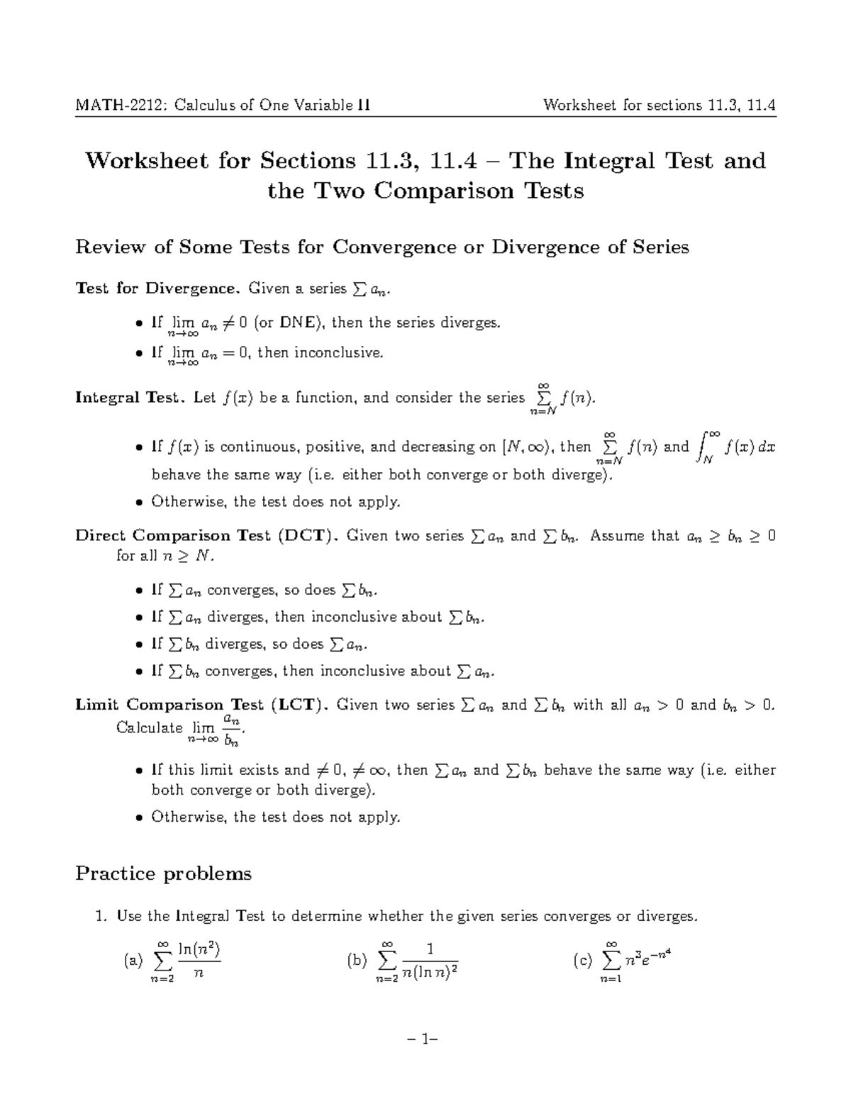 WS 11.3,11.4 - Integral and Comparison Tests - MATH-2212: Calculus of ...