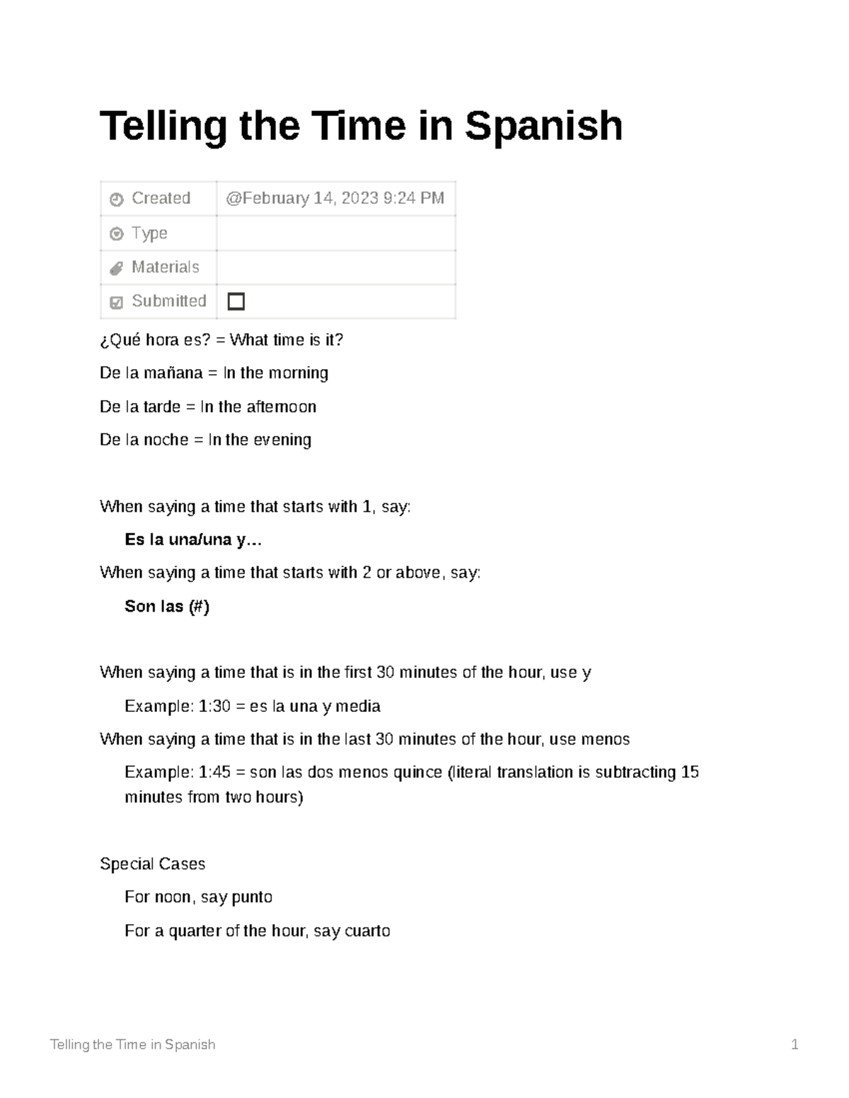 Telling the Time in Spanish - .. When saying a time that starts with 2 ...