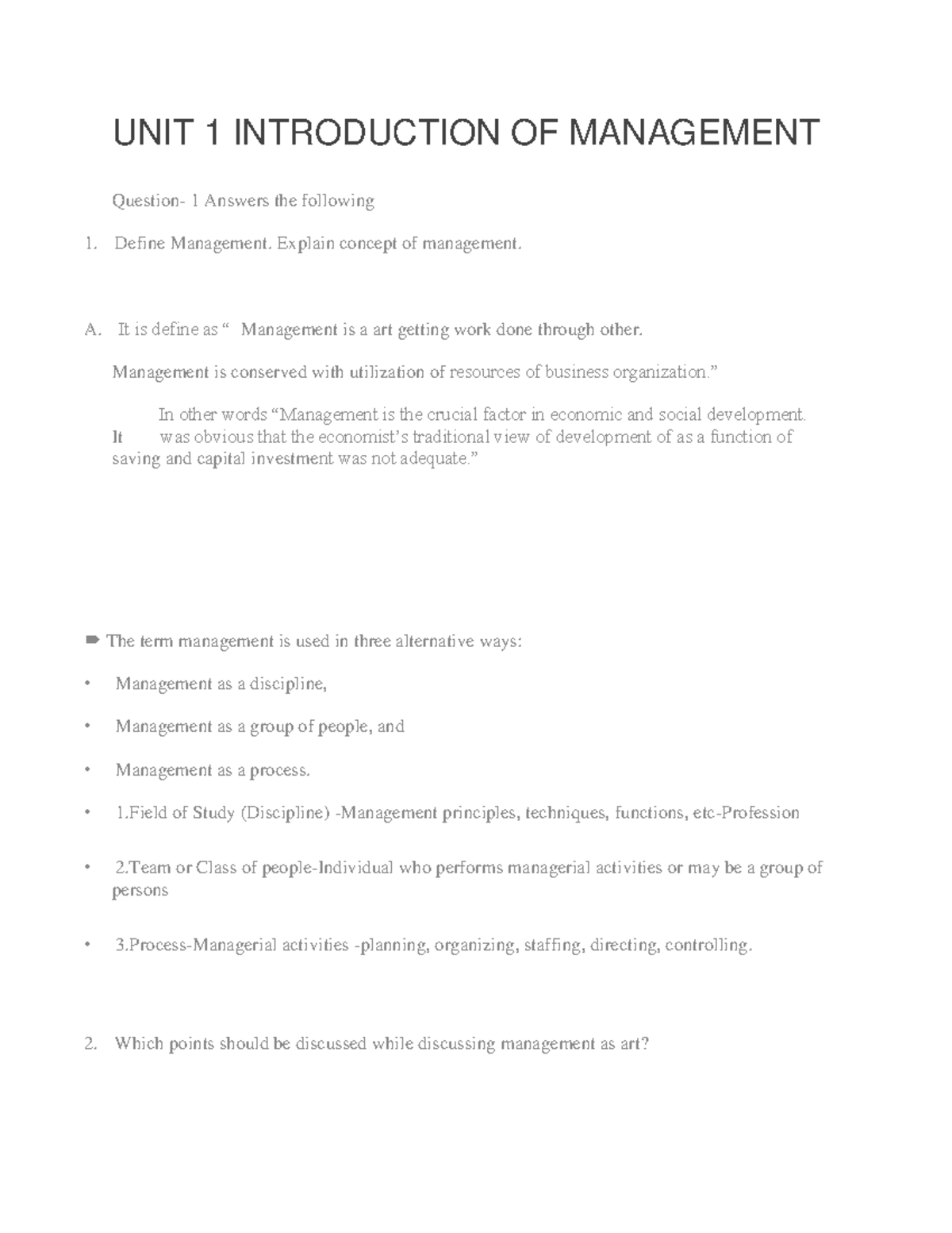 INTRODUCTION TO MANAGEMENT - UNIT 1 INTRODUCTION OF MANAGEMENT Question ...