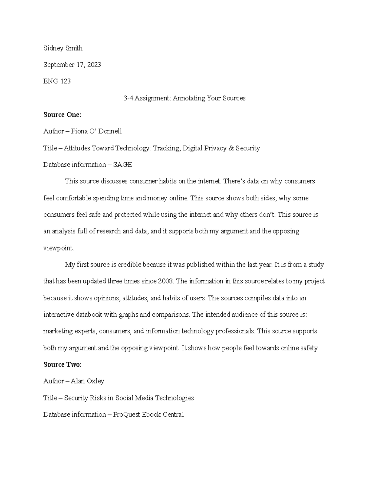 3-4 Assignment- Annotating Your Sources - Sidney Smith September 17 ...
